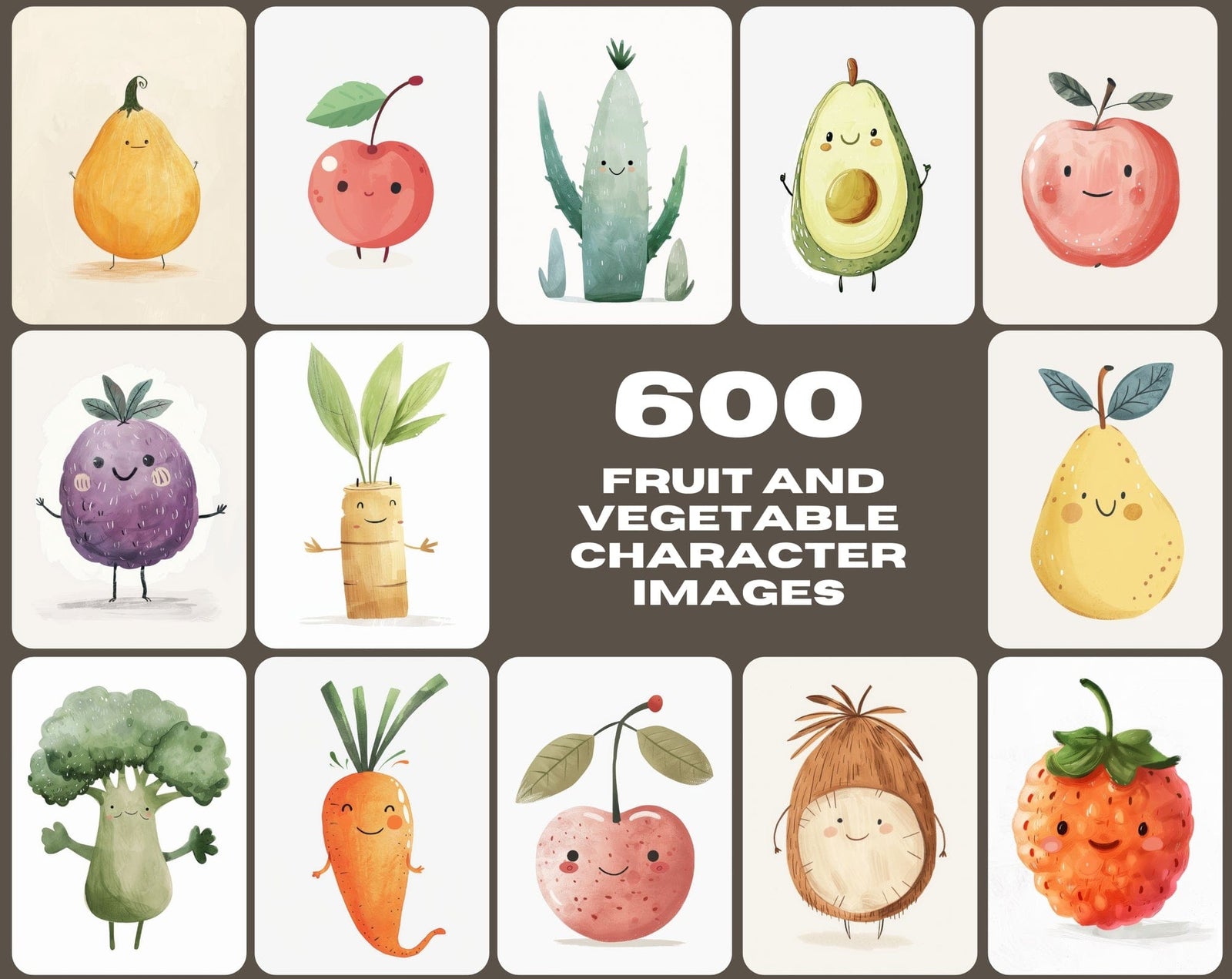600 Unique Fruit and Vegetable Character Images - Pale Colors