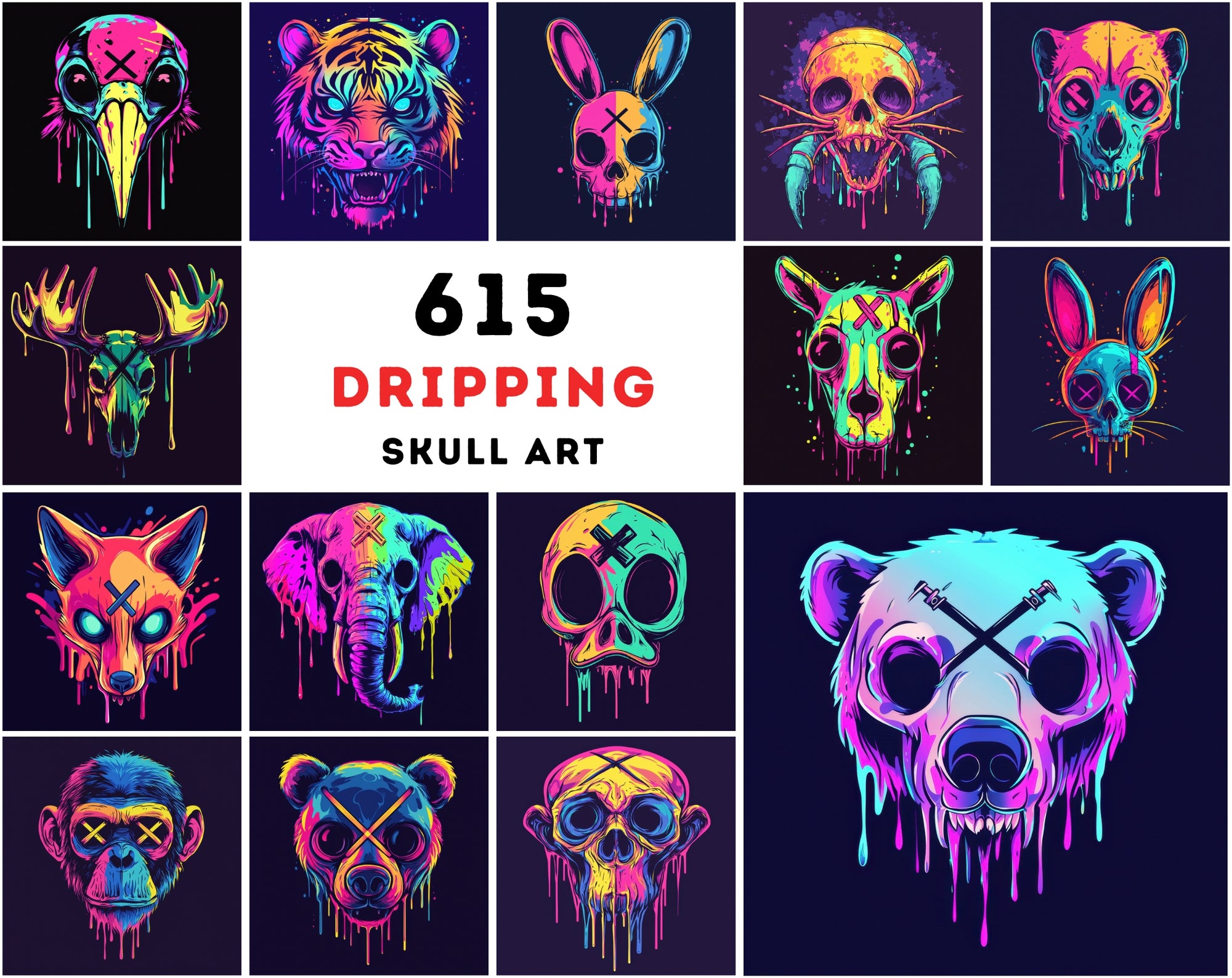 615 Dripping Skull Illustrations – Neon Animal Art, Dark Aesthetic, Co