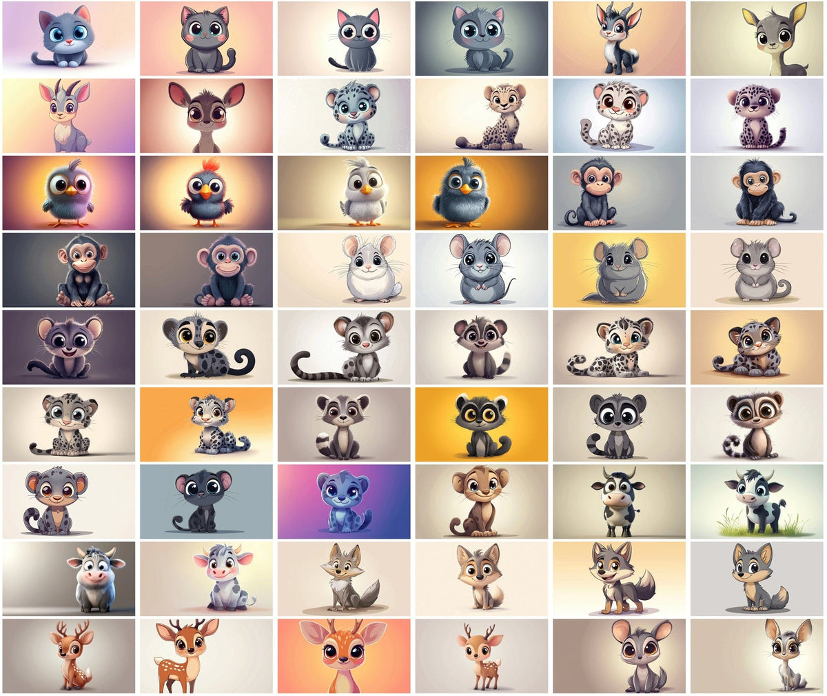 620 Adorable Cartoon Animals with Gradient Backgrounds