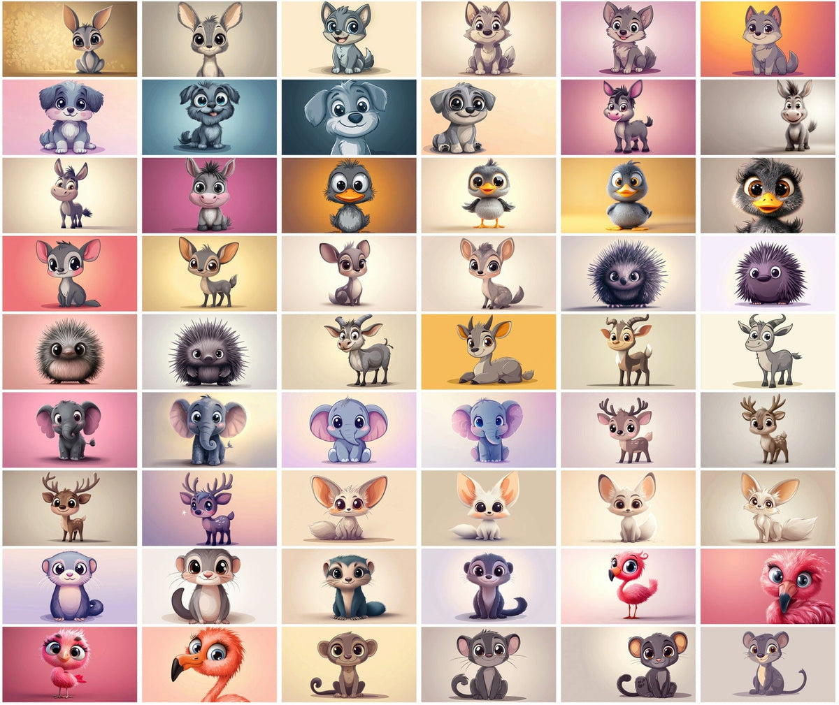 620 Adorable Cartoon Animals with Gradient Backgrounds