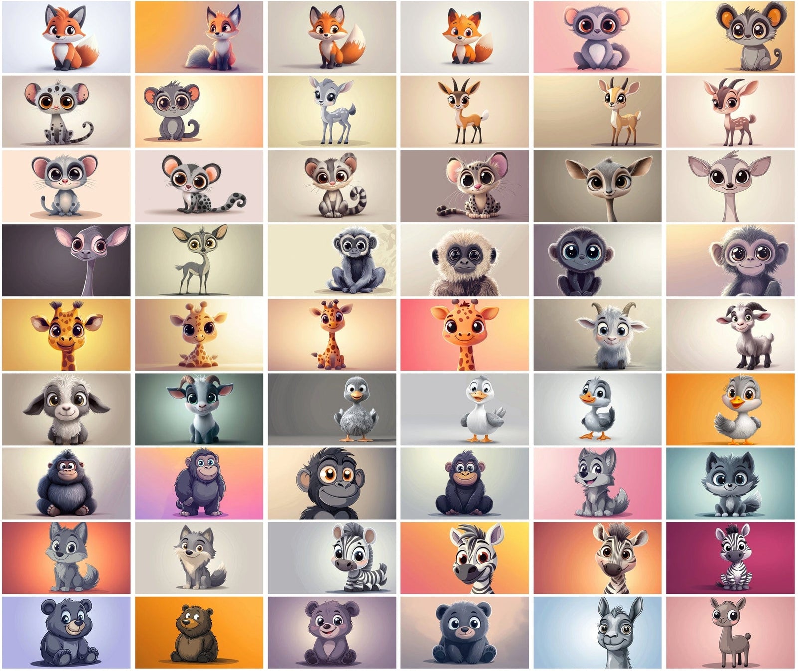 620 Adorable Cartoon Animals with Gradient Backgrounds