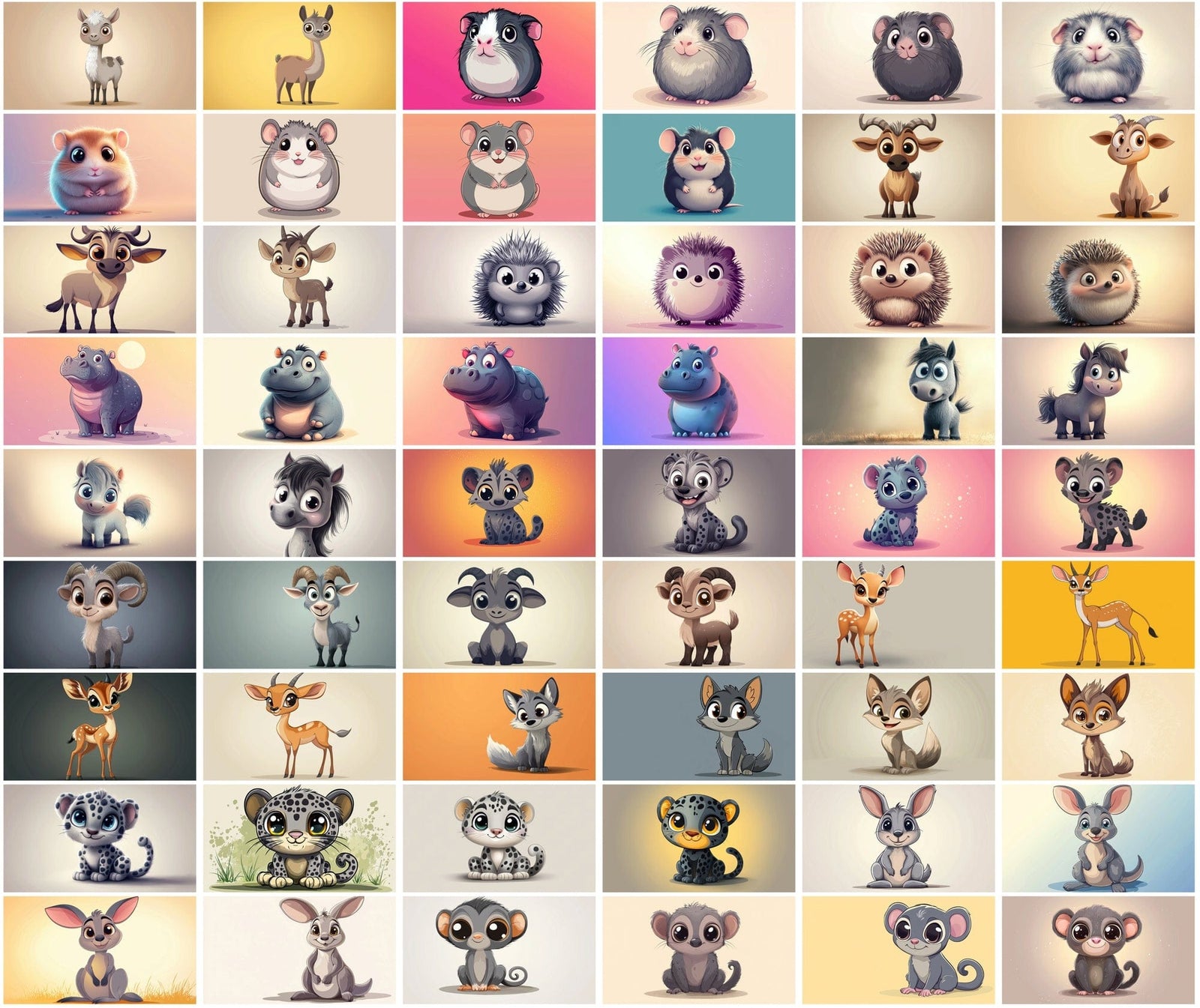 620 Adorable Cartoon Animals with Gradient Backgrounds