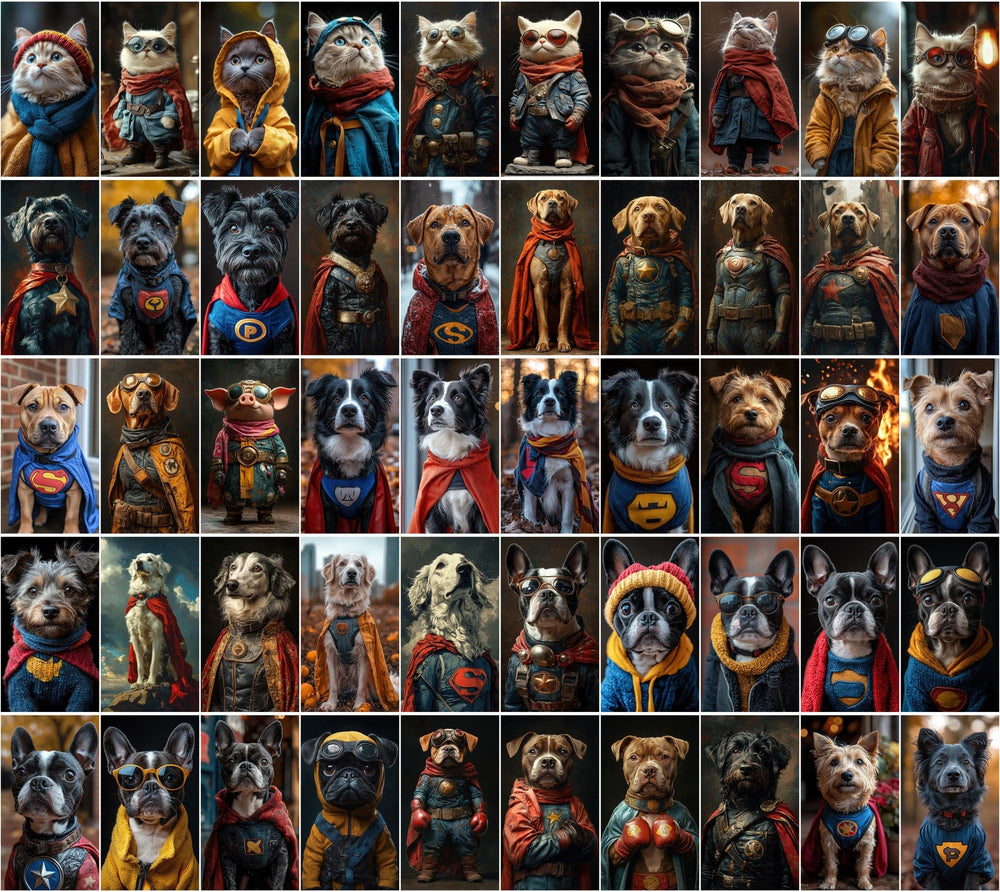 680 Heroic Cat & Dog Illustrations | Anthropomorphic Superhero Pets