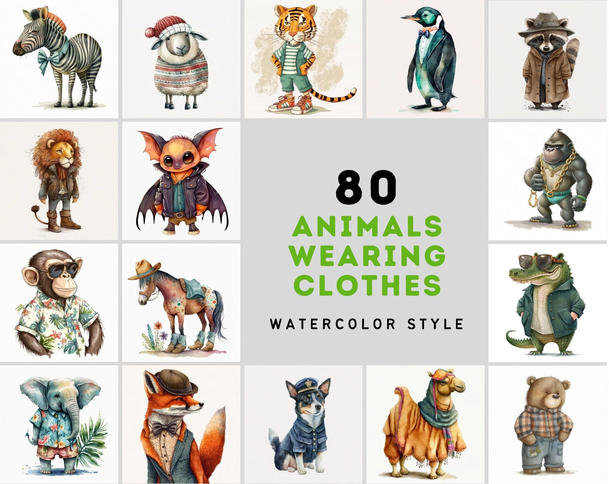 80 Adorable Animals Wearing Clothes Illustrations, Nursery Art, Instan