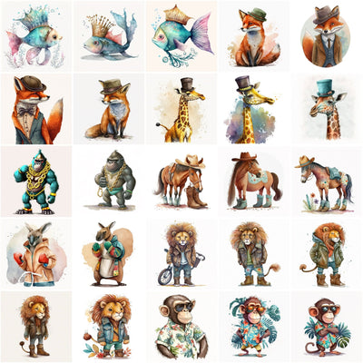 80 Adorable Animals Wearing Clothes Illustrations, Nursery Art, Instan
