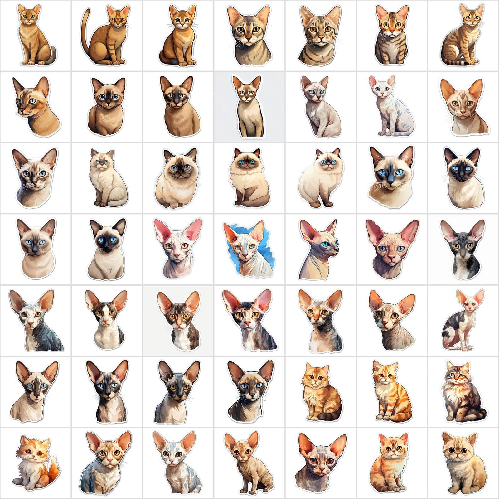800 High-Res Cat Stickers, PNG Files, Transparent & White Background,