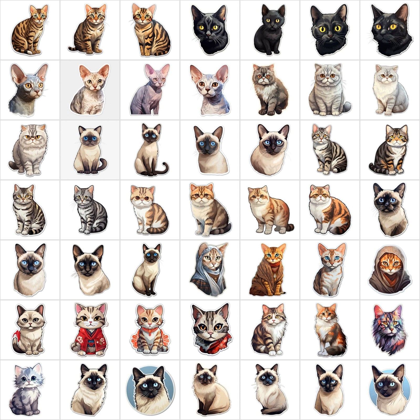800 High-Res Cat Stickers, PNG Files, Transparent & White Background,