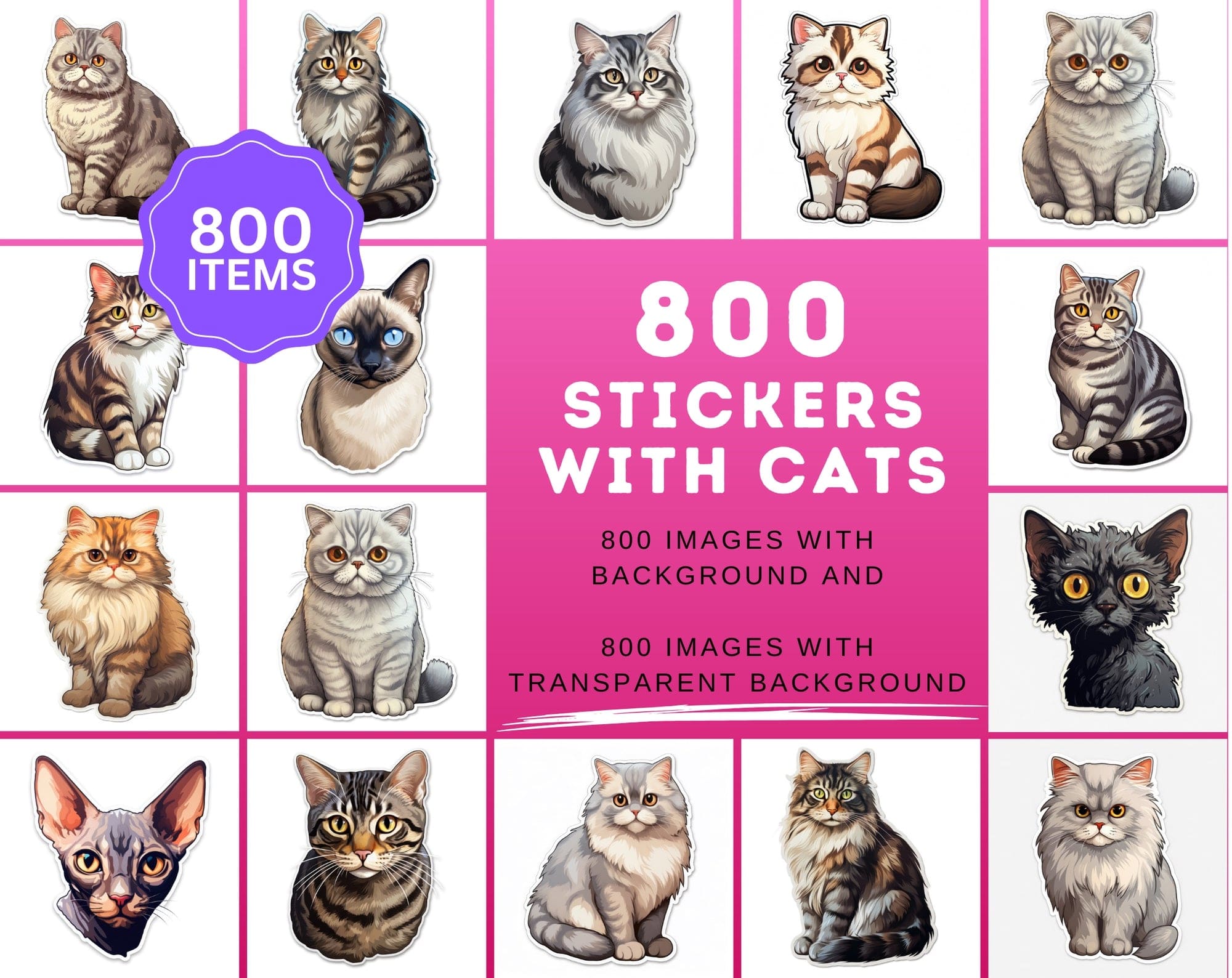 800 High-Res Cat Stickers, PNG Files, Transparent & White Background,