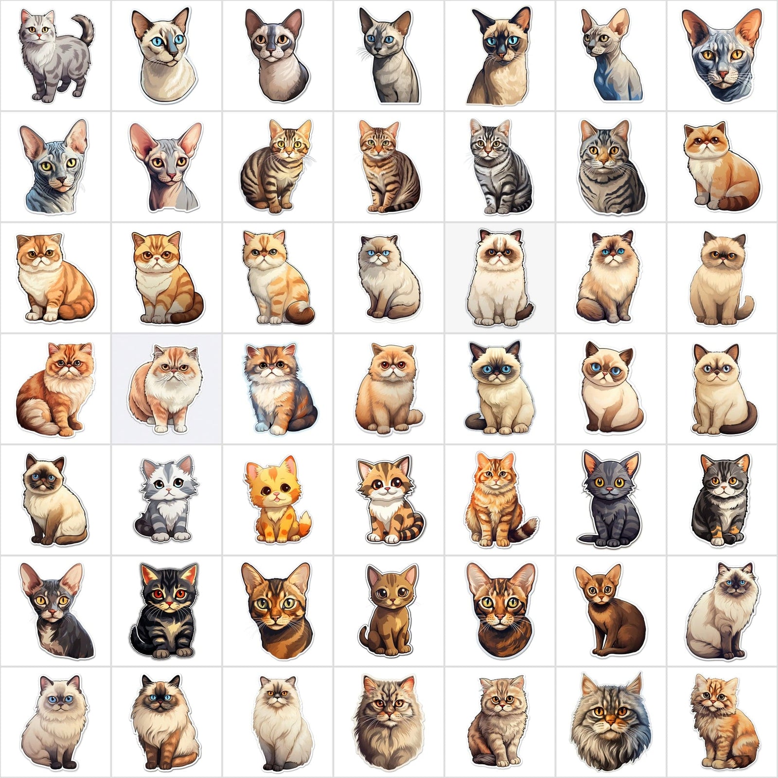 800 High-Res Cat Stickers, PNG Files, Transparent & White Background,