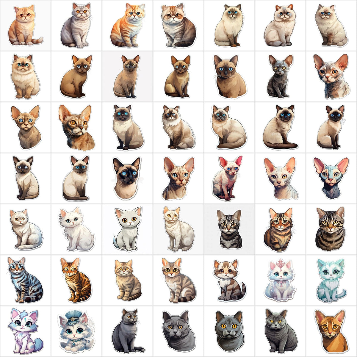 800 High-Res Cat Stickers, PNG Files, Transparent & White Background,