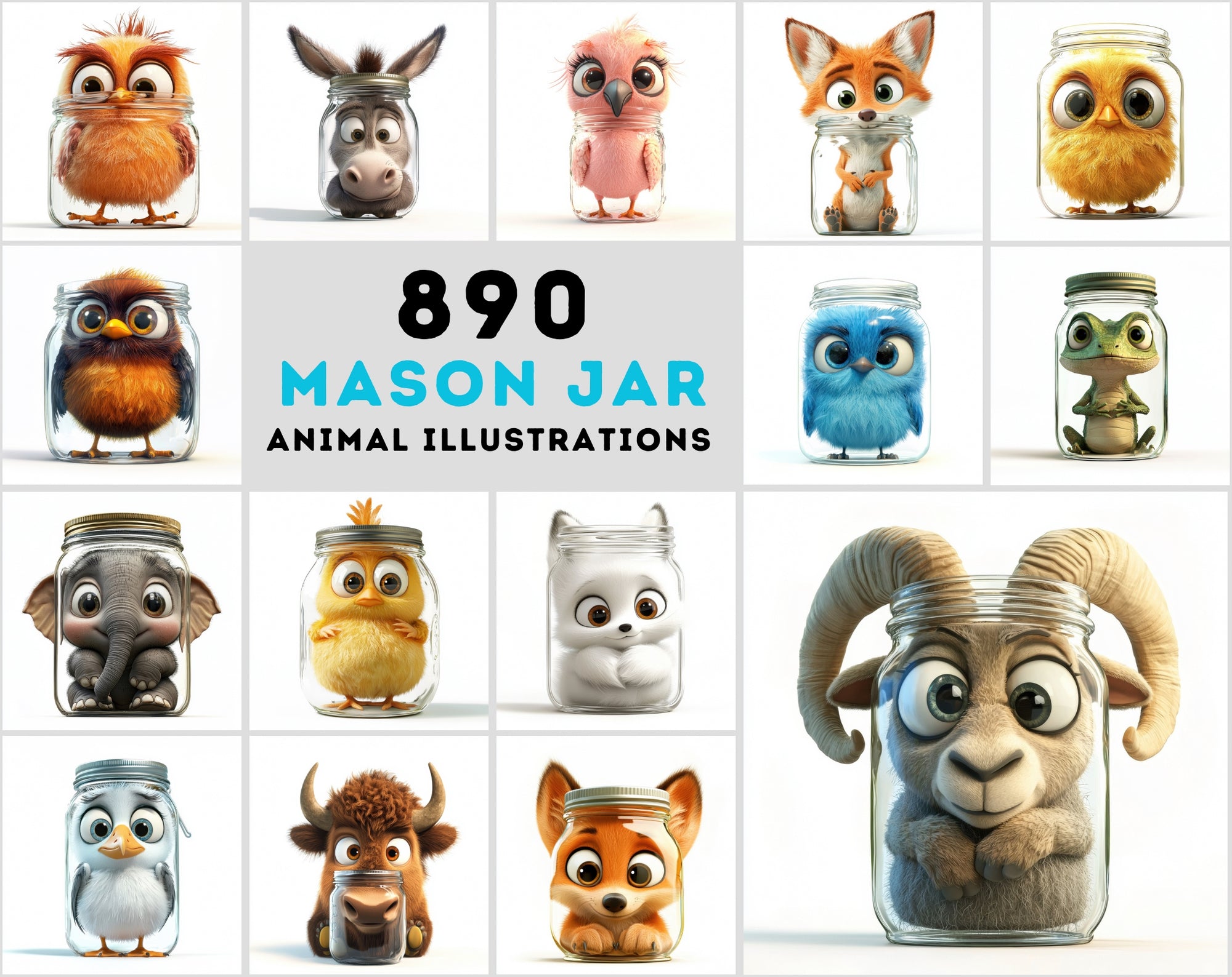 890 Adorable Mason Jar Animal Illustrations | High-Res JPG + Commercia