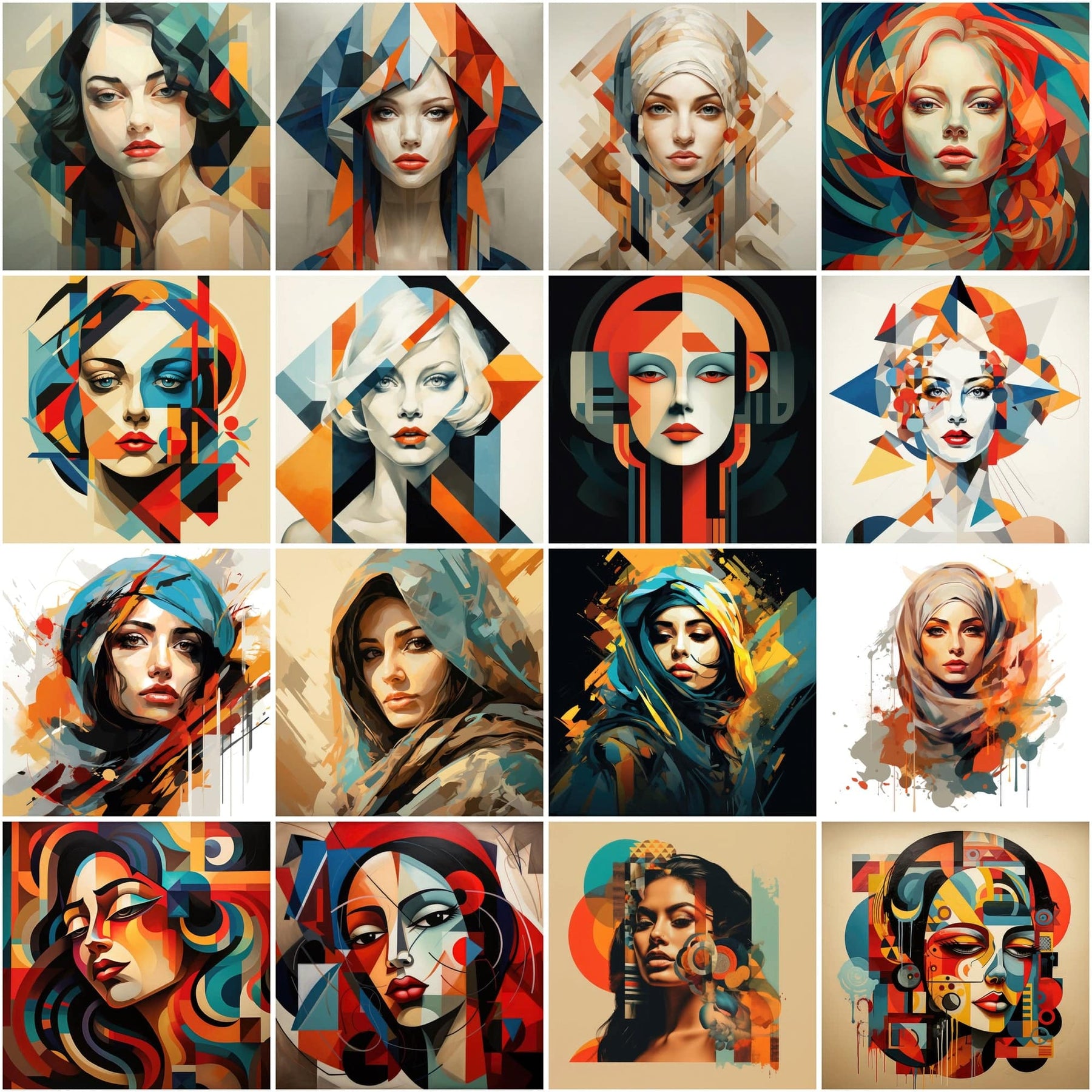 Abstract Geometric Women Portraits: Bauhaus-Style, Cubist, & Graphic I