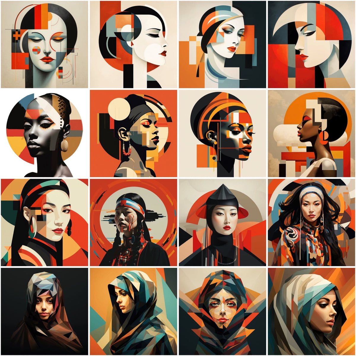 Abstract Geometric Women Portraits: Bauhaus-Style, Cubist, & Graphic I