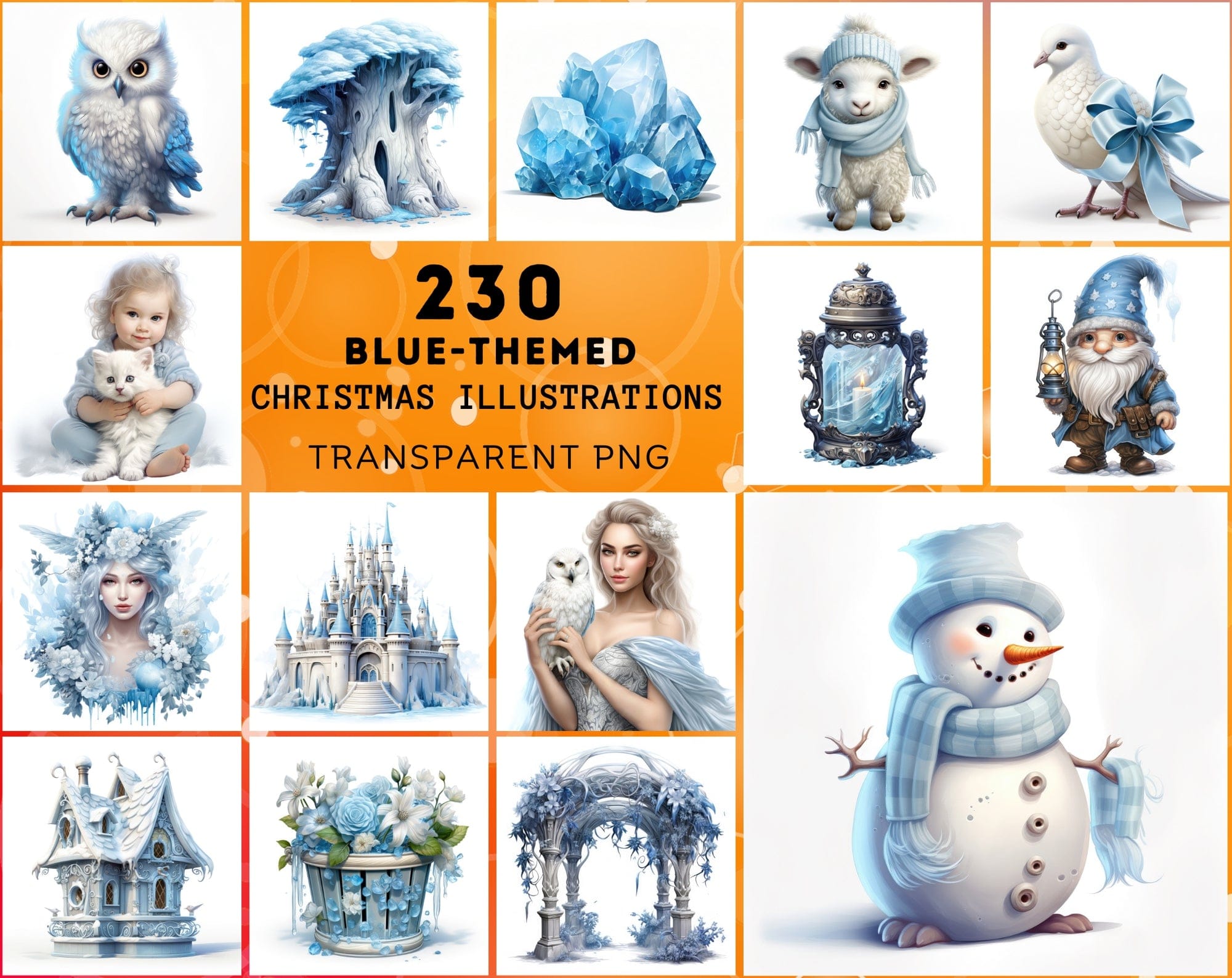 Blue-Themed Christmas Illustrations - JPG & PNG, Commercial License, H