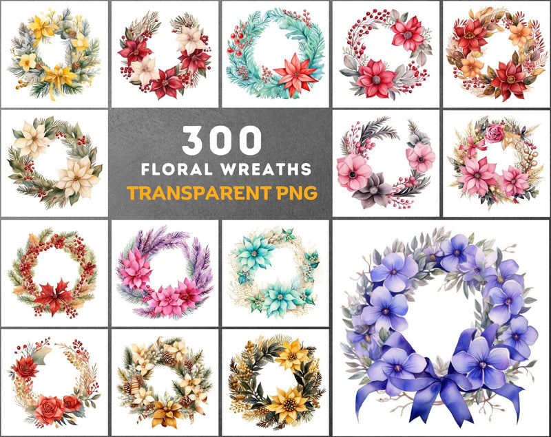 Colorful Watercolor Floral Wreaths, High-Resolution Digital Art, PNG