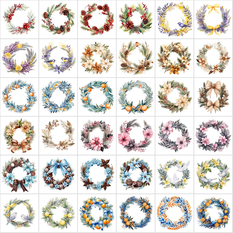 Colorful Watercolor Floral Wreaths, High-Resolution Digital Art, PNG