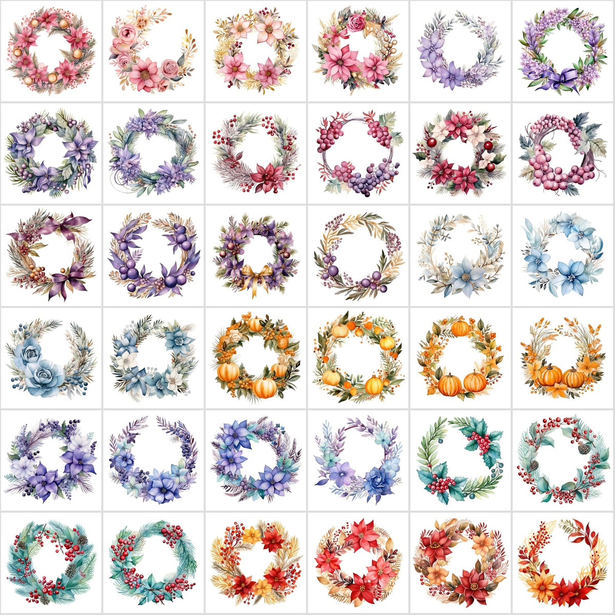 Colorful Watercolor Floral Wreaths, High-Resolution Digital Art, PNG