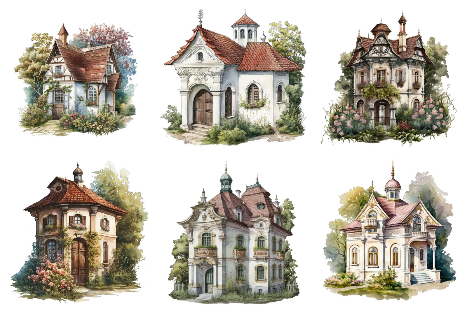Elegant Baroque Cottage Watercolor Set - 65 Transparent Images for You