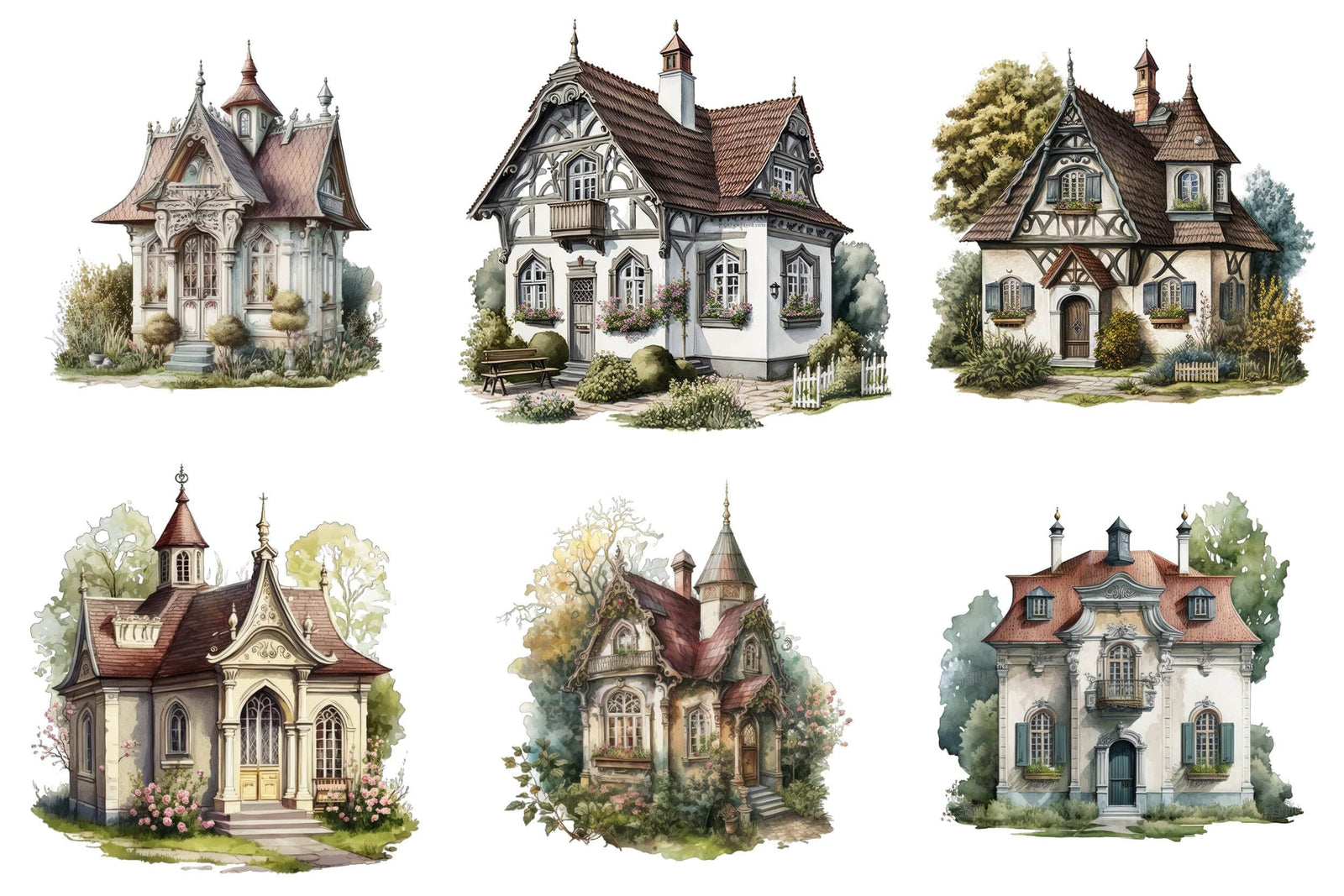 Elegant Baroque Cottage Watercolor Set - 65 Transparent Images for You