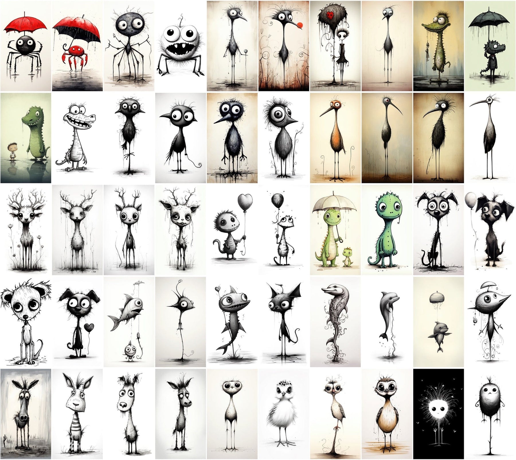 Emotive Surreal Animal Portraits: Monochrome PNG Bundle (770 Images)