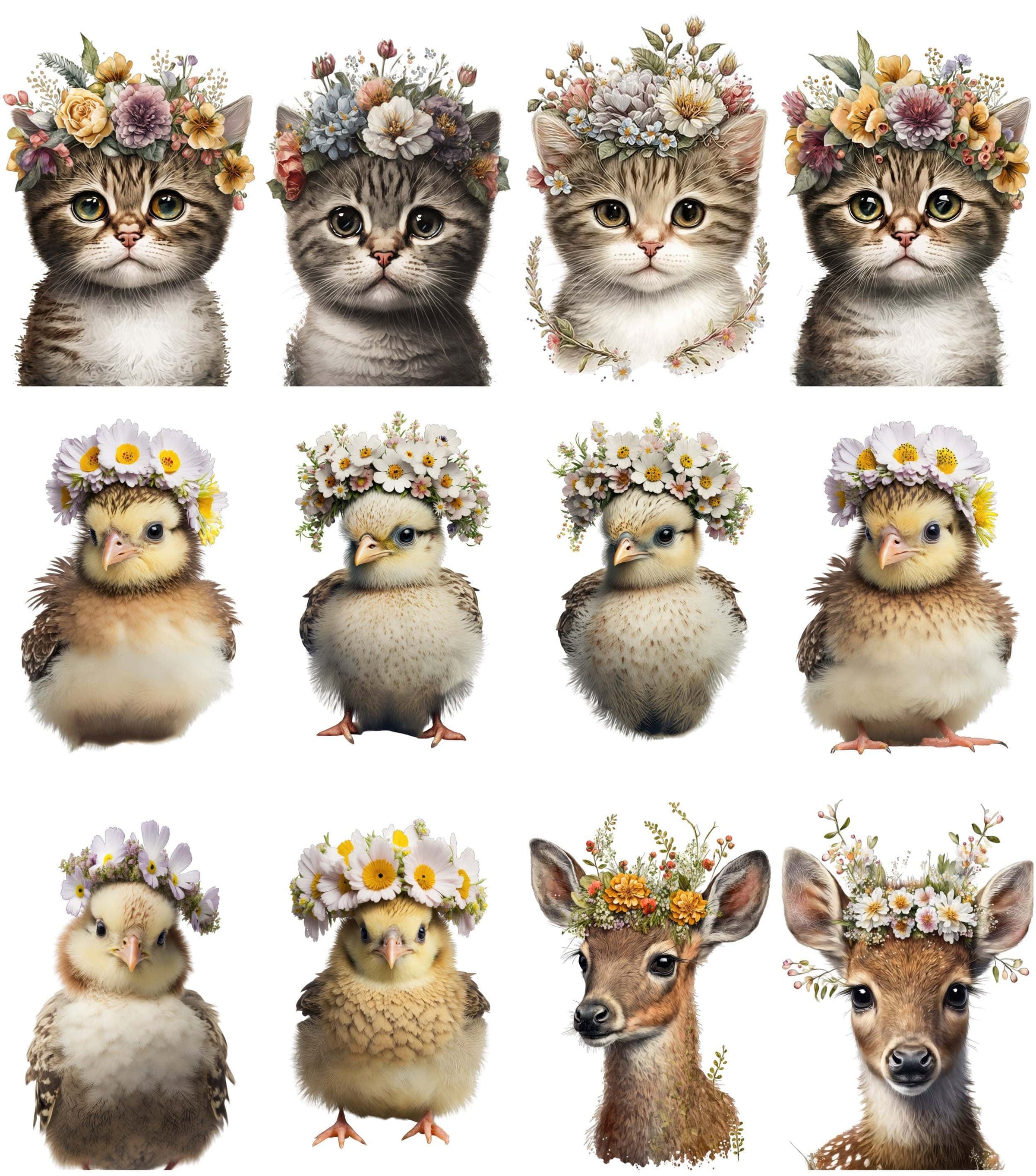 Floral-crowned animals. Baby room wall art. Transparent PNG Watercolor