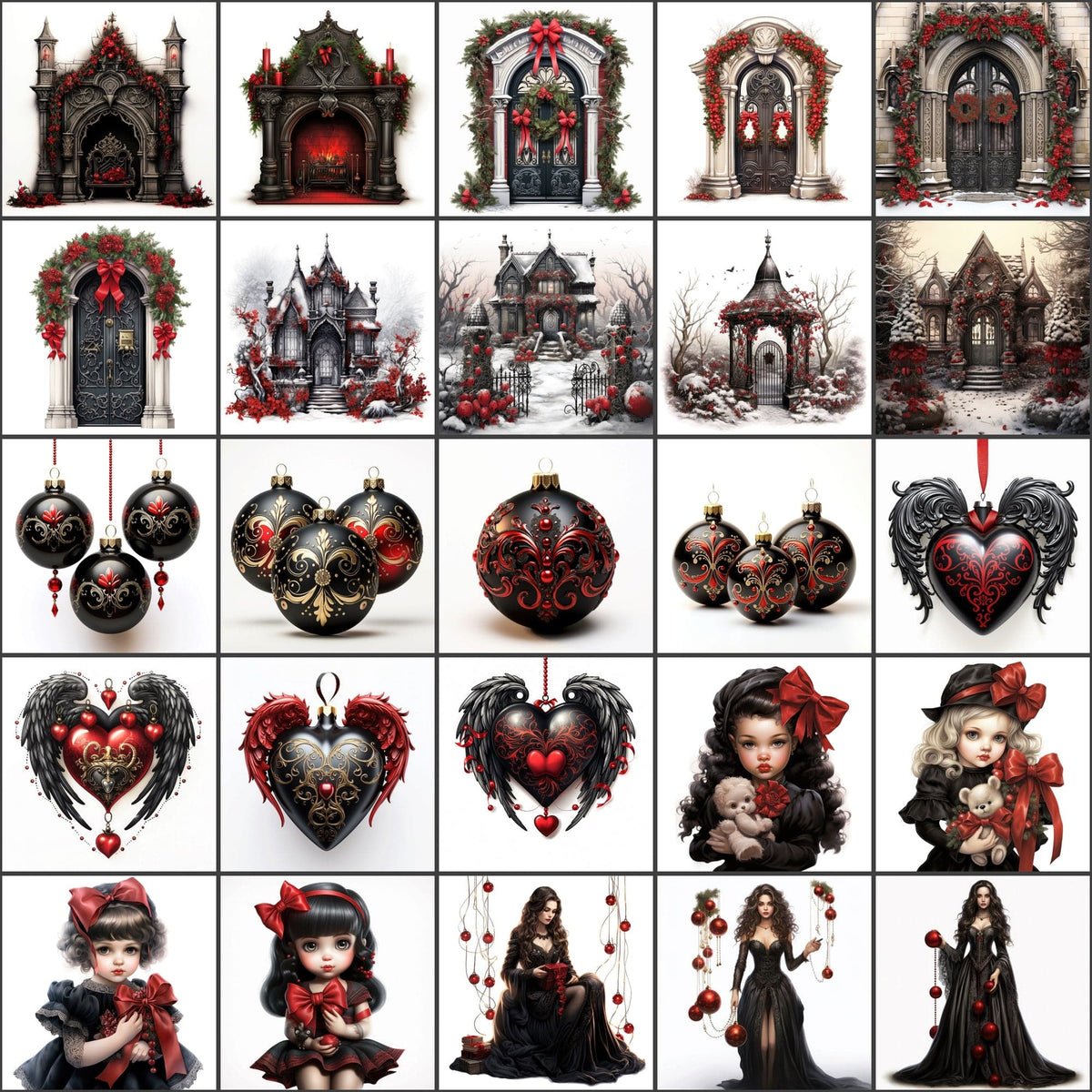 Gothic Christmas Images, Red and Black PNG, High-Resolution Digital Ar
