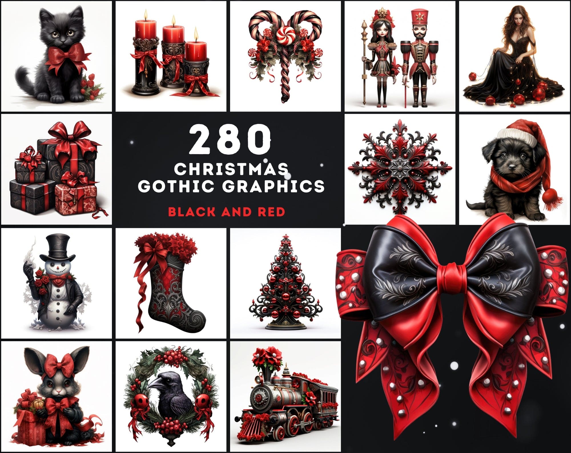 Gothic Christmas Images, Red and Black PNG, High-Resolution Digital Ar