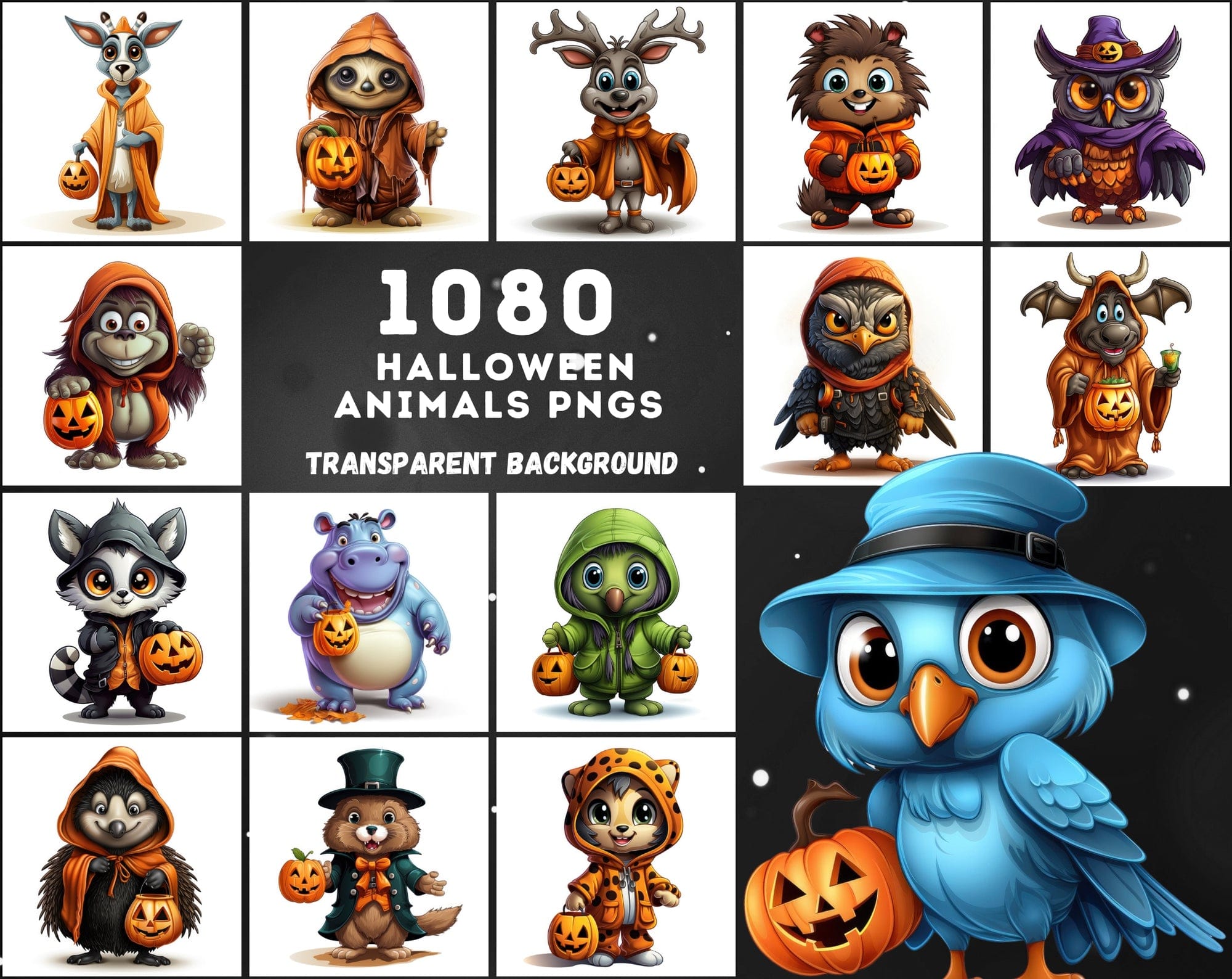 Halloween Animal Graphics: 1080 Colored Animals, Commercial License,