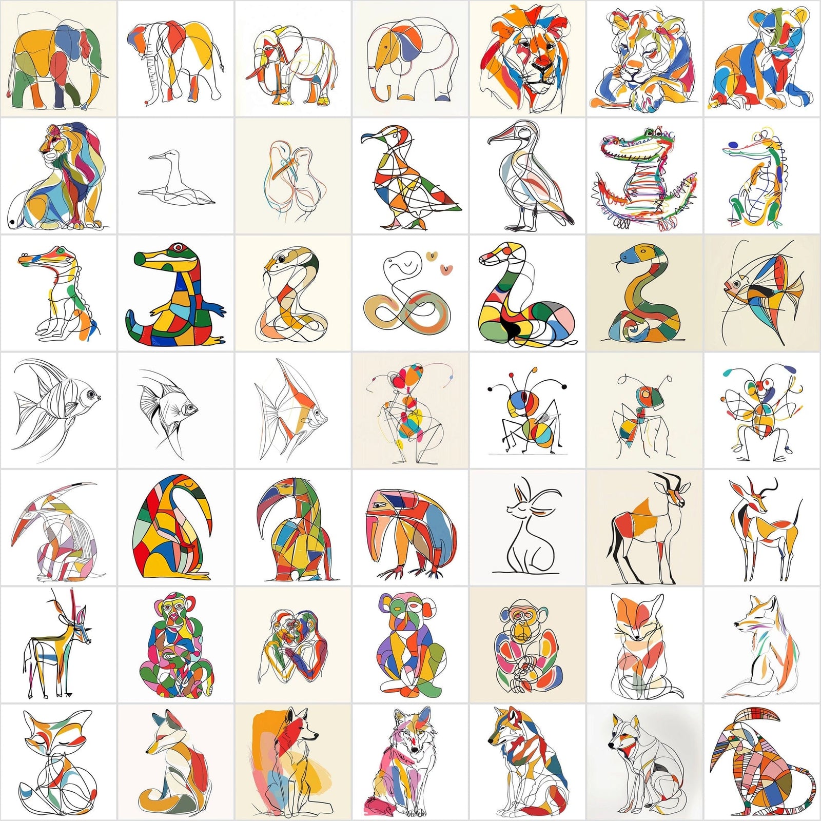 Majestic Animals Reimagined: 570 Line Art Designs with a Splash of Col