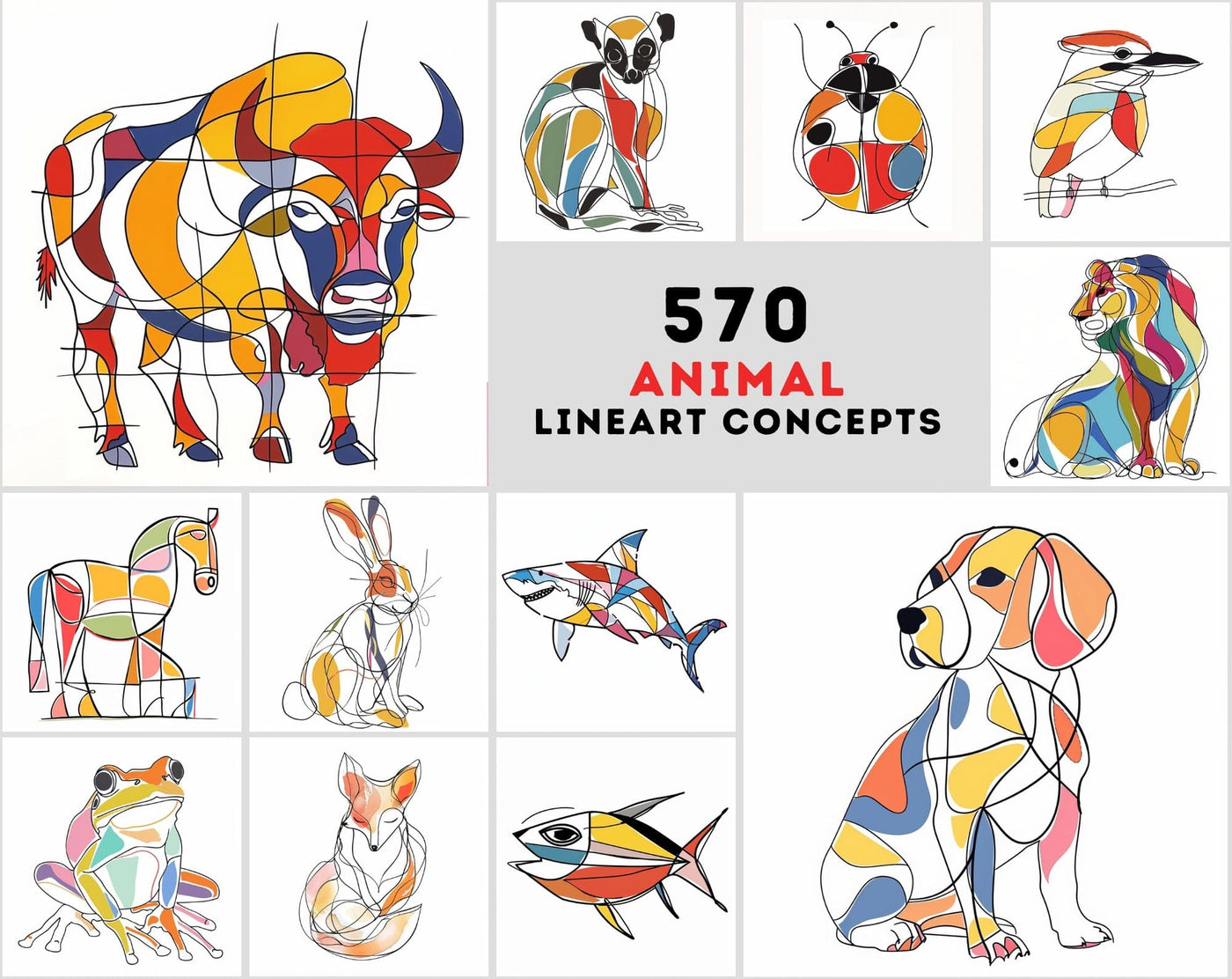 Majestic Animals Reimagined: 570 Line Art Designs with a Splash of Col
