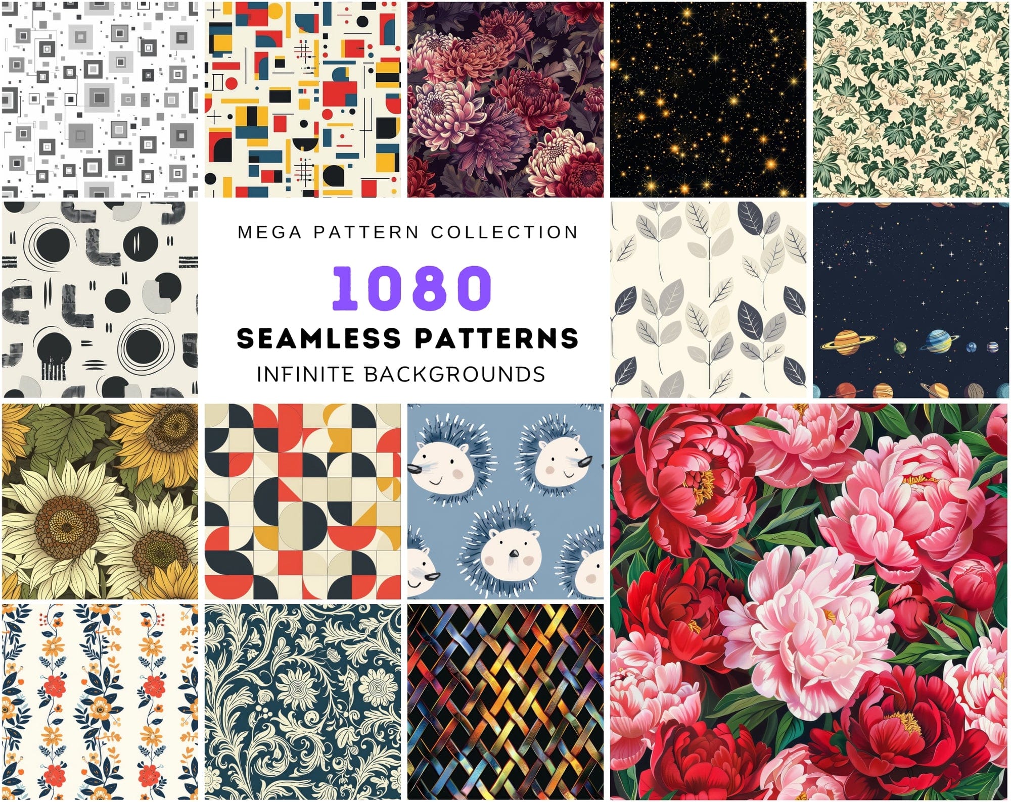 Mega Pattern Collection: 1080 Unique Designs Across Tech, Animals, Geo
