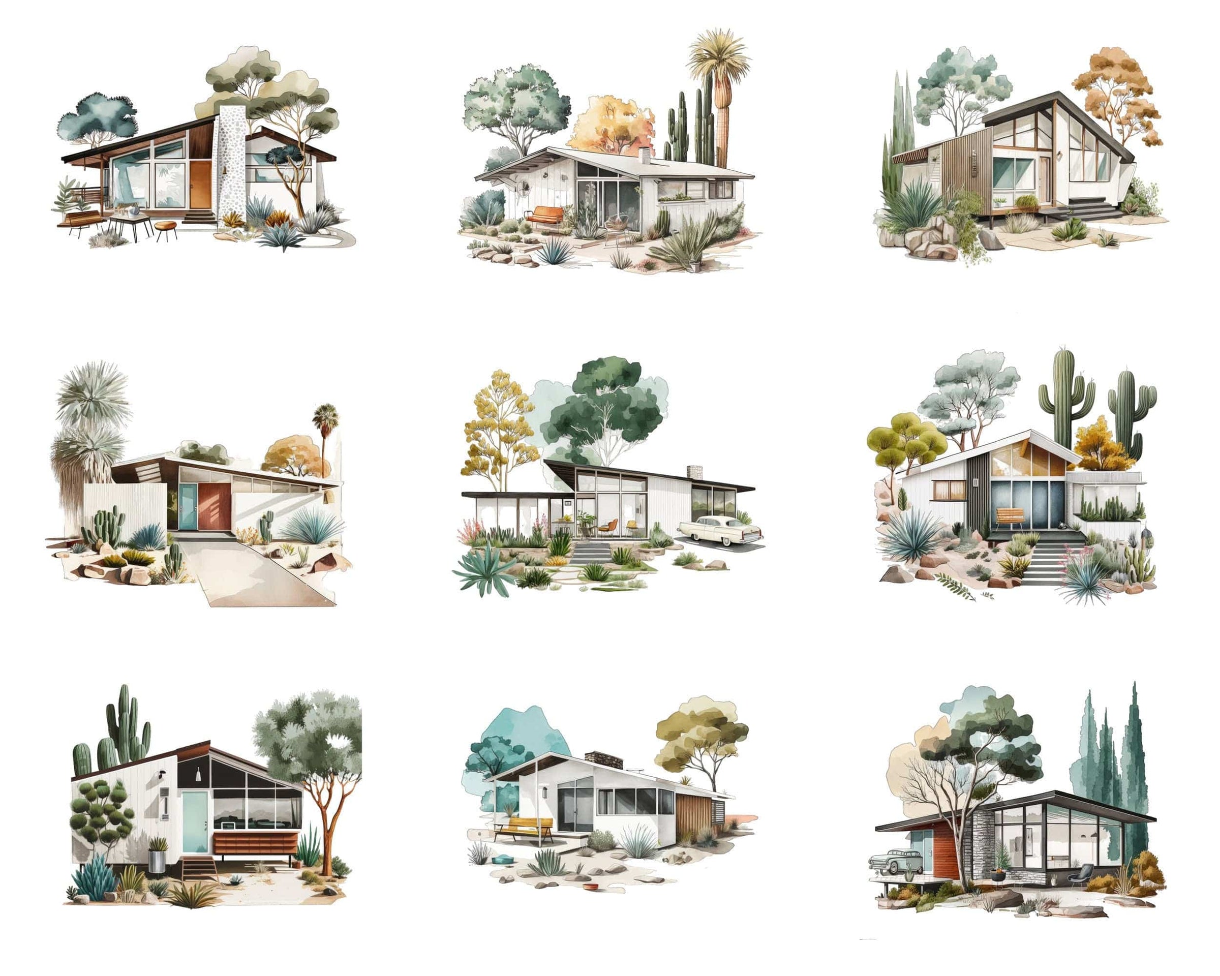 Midcentury Modern House Art Bundle - Digital Download of 60 PNG Clipar