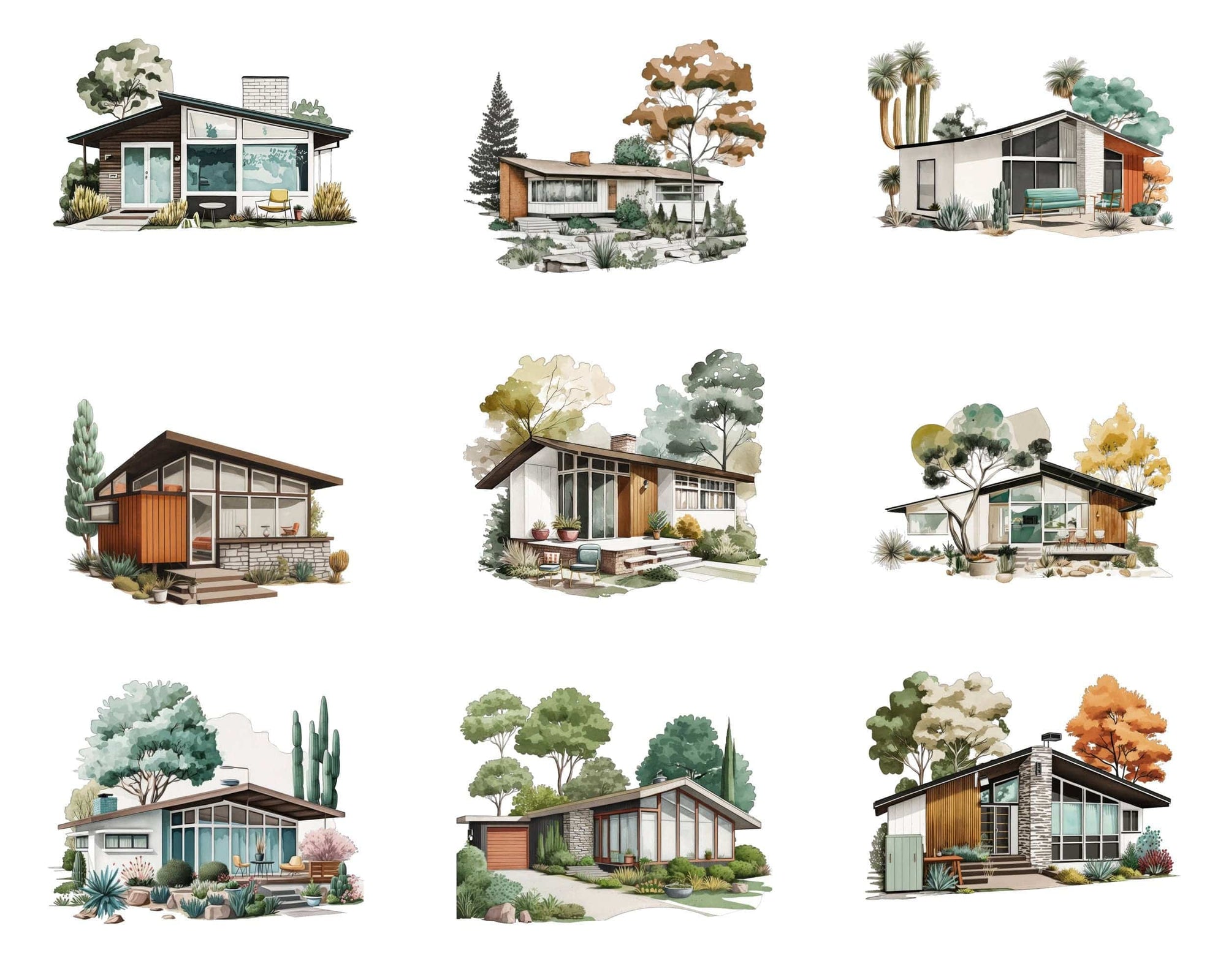 Midcentury Modern House Art Bundle - Digital Download of 60 PNG Clipar