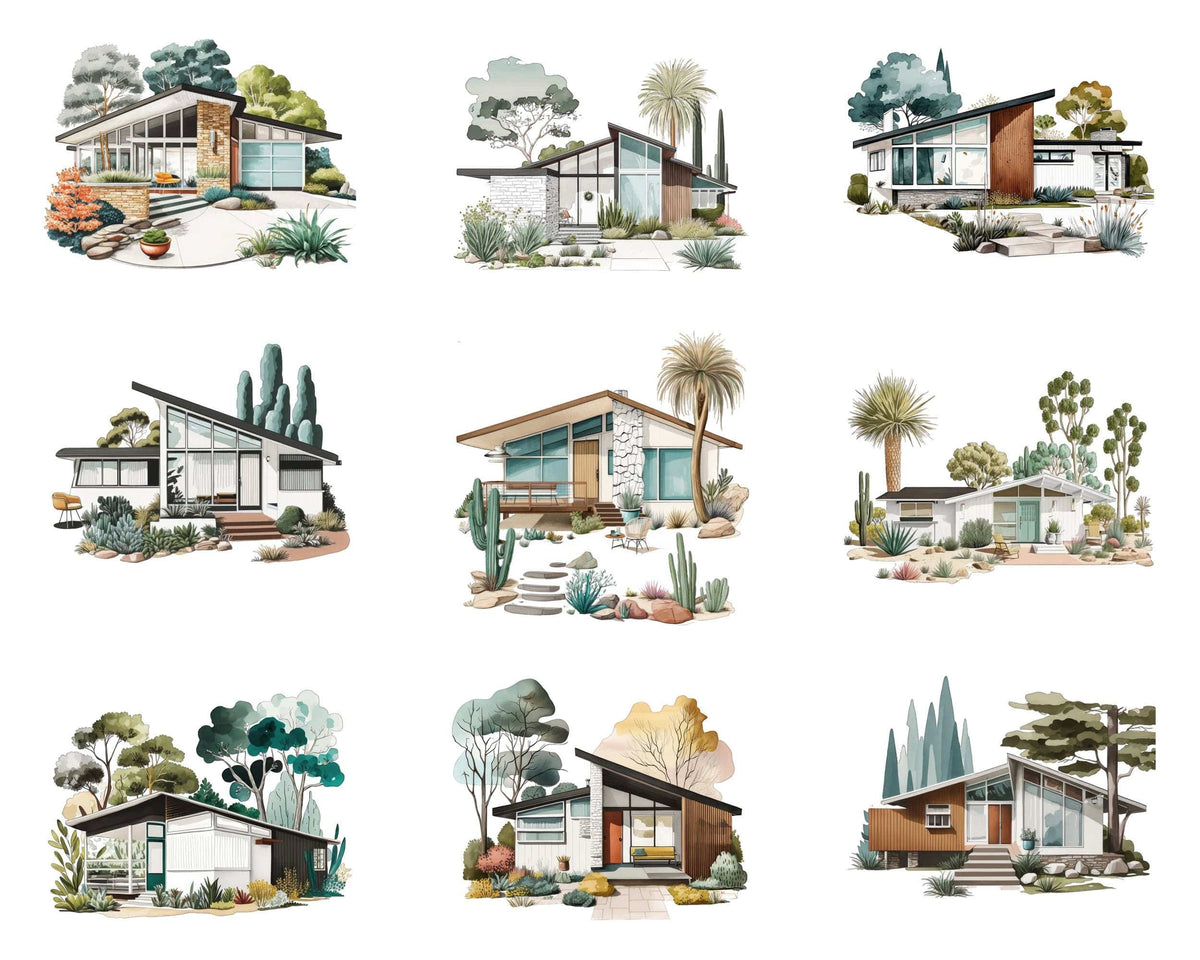 Midcentury Modern House Art Bundle - Digital Download of 60 PNG Clipar