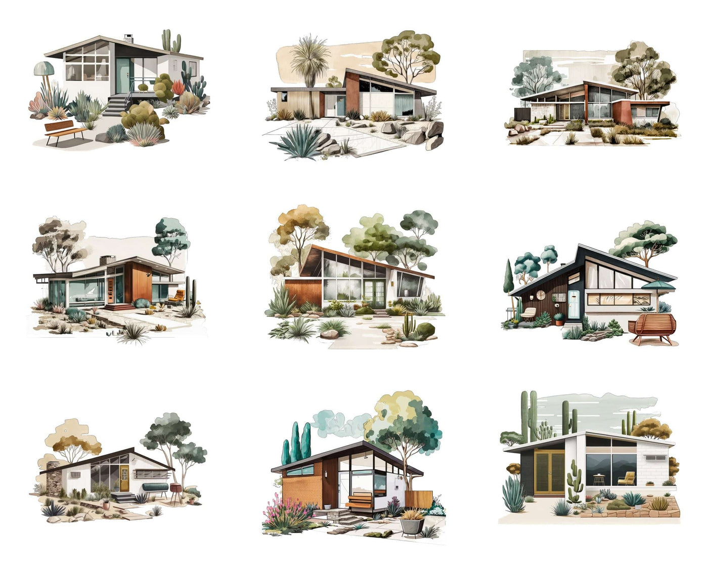 Midcentury Modern House Art Bundle - Digital Download of 60 PNG Clipar