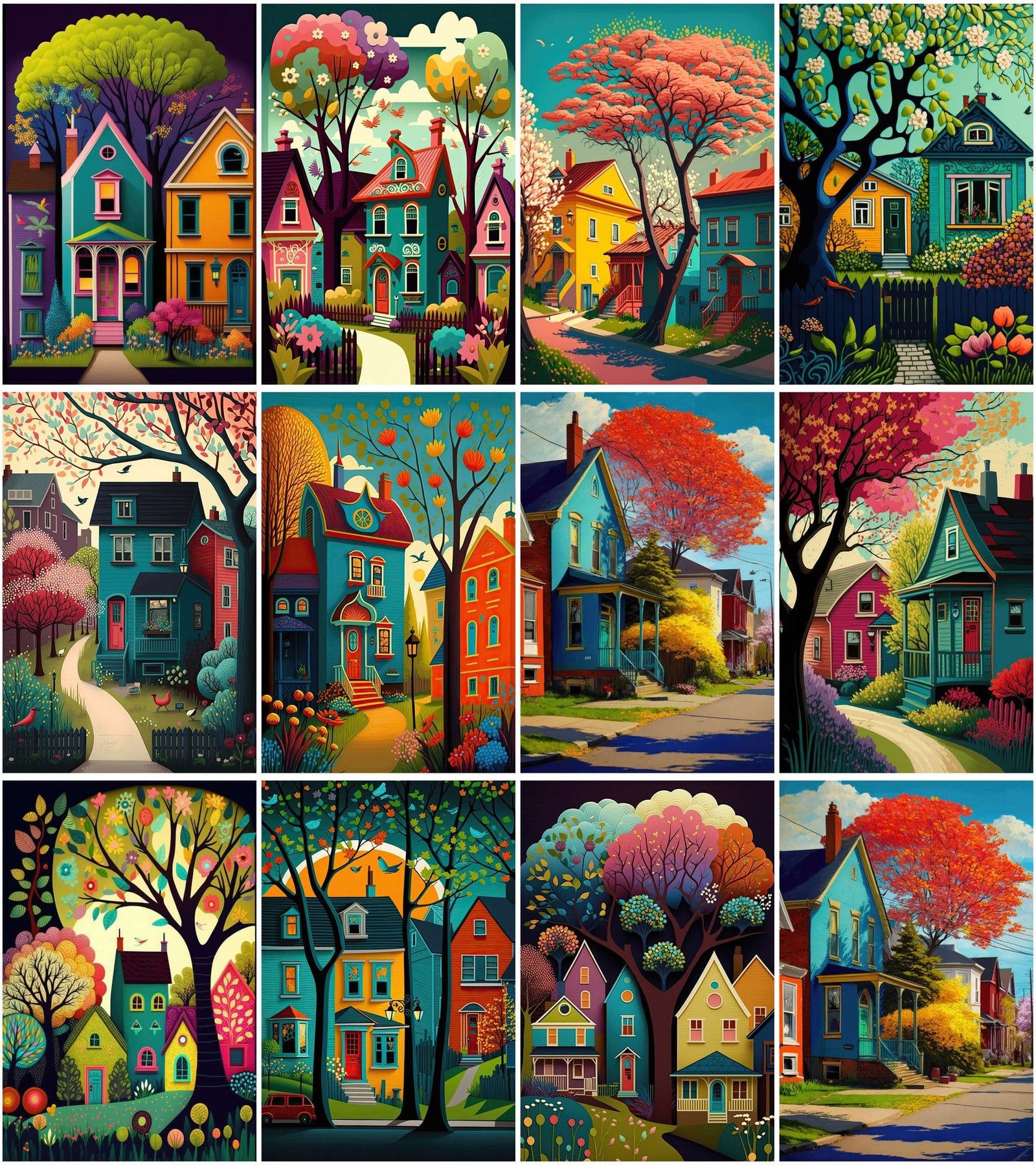 Neighbourhood Houses Backgrounds - Set of 100 Images for Canvas or Pri