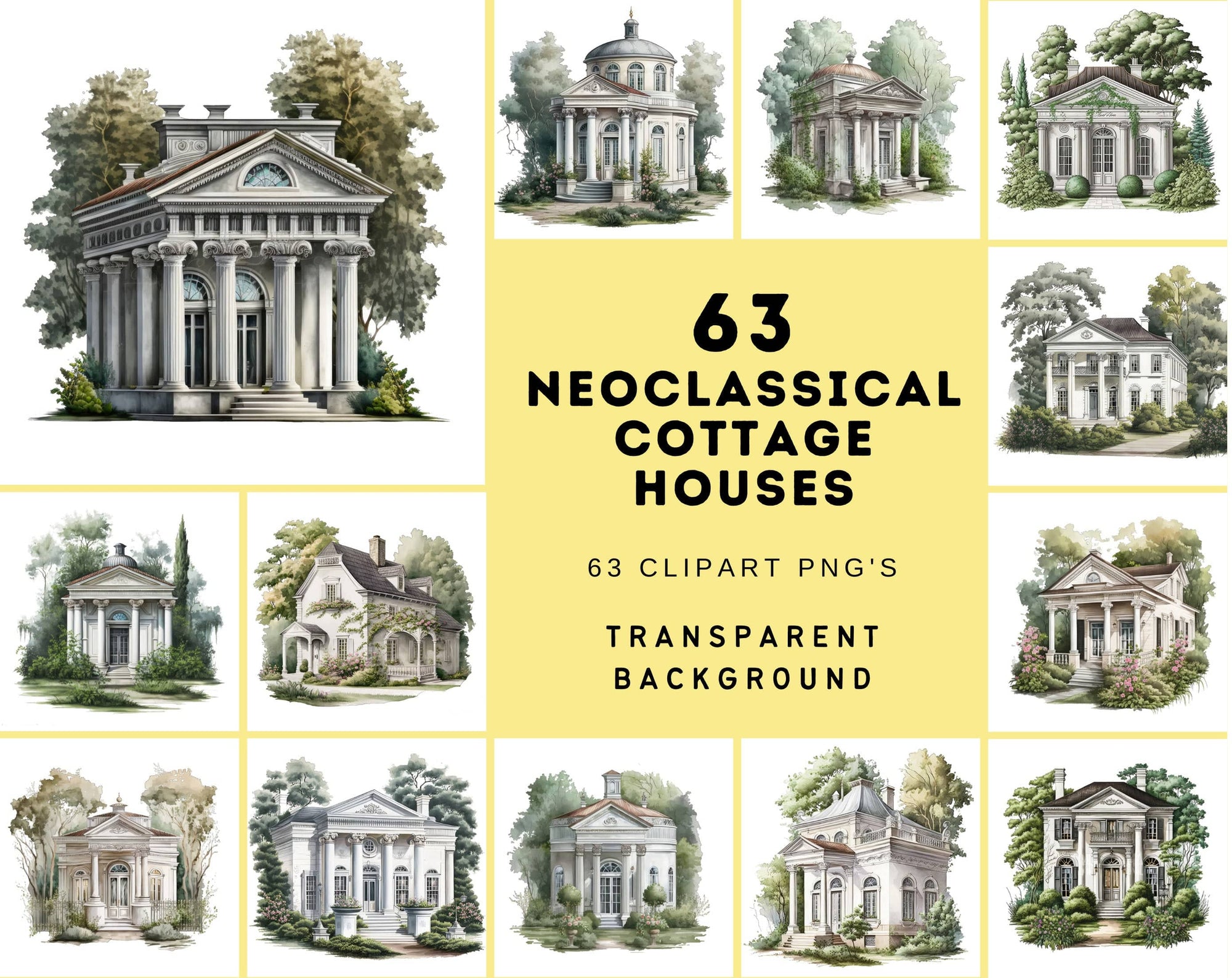 Neoclassical Cottage Houses Clipart Bundle - 63 PNG Transparent Images