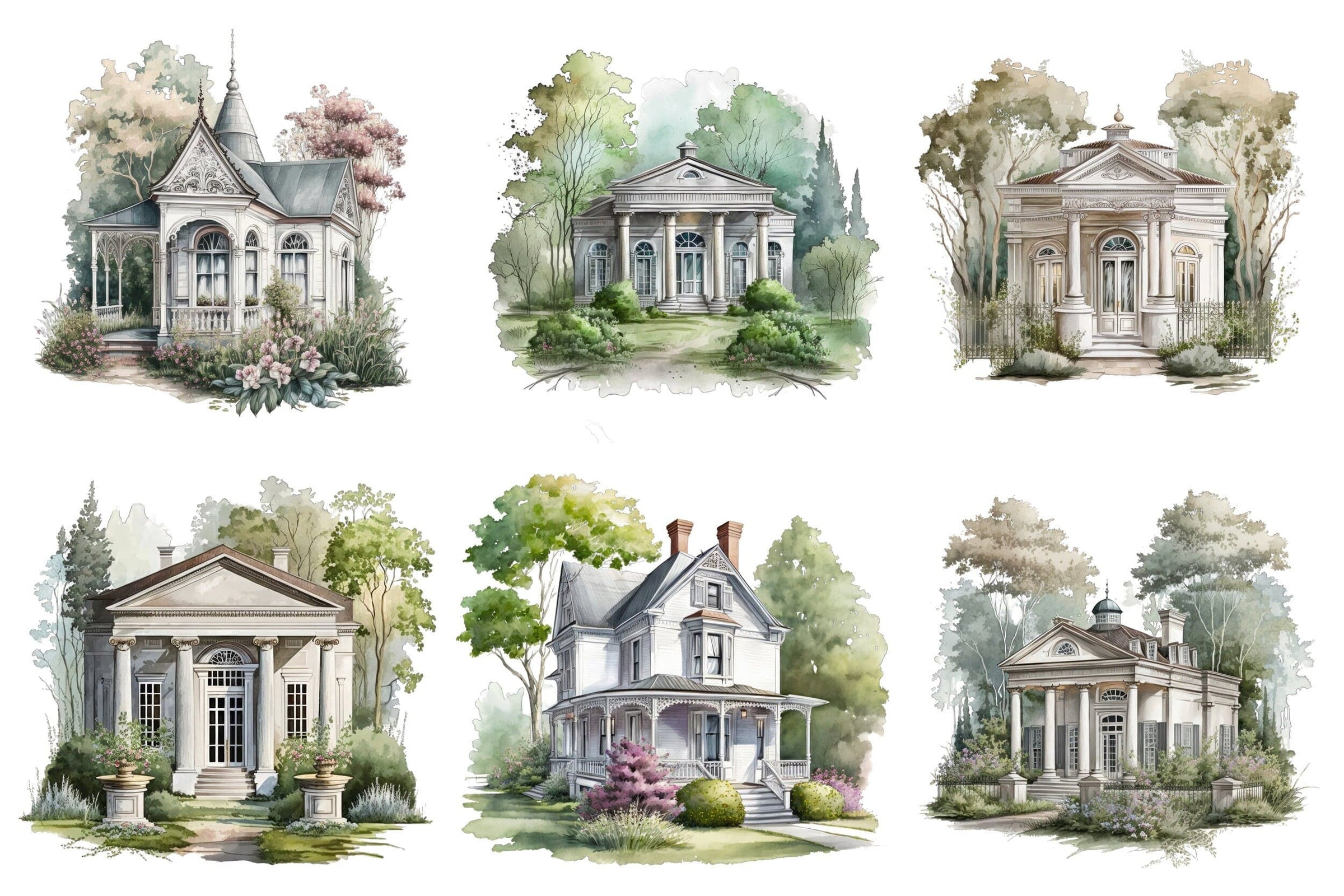 Neoclassical Cottage Houses Clipart Bundle - 63 PNG Transparent Images