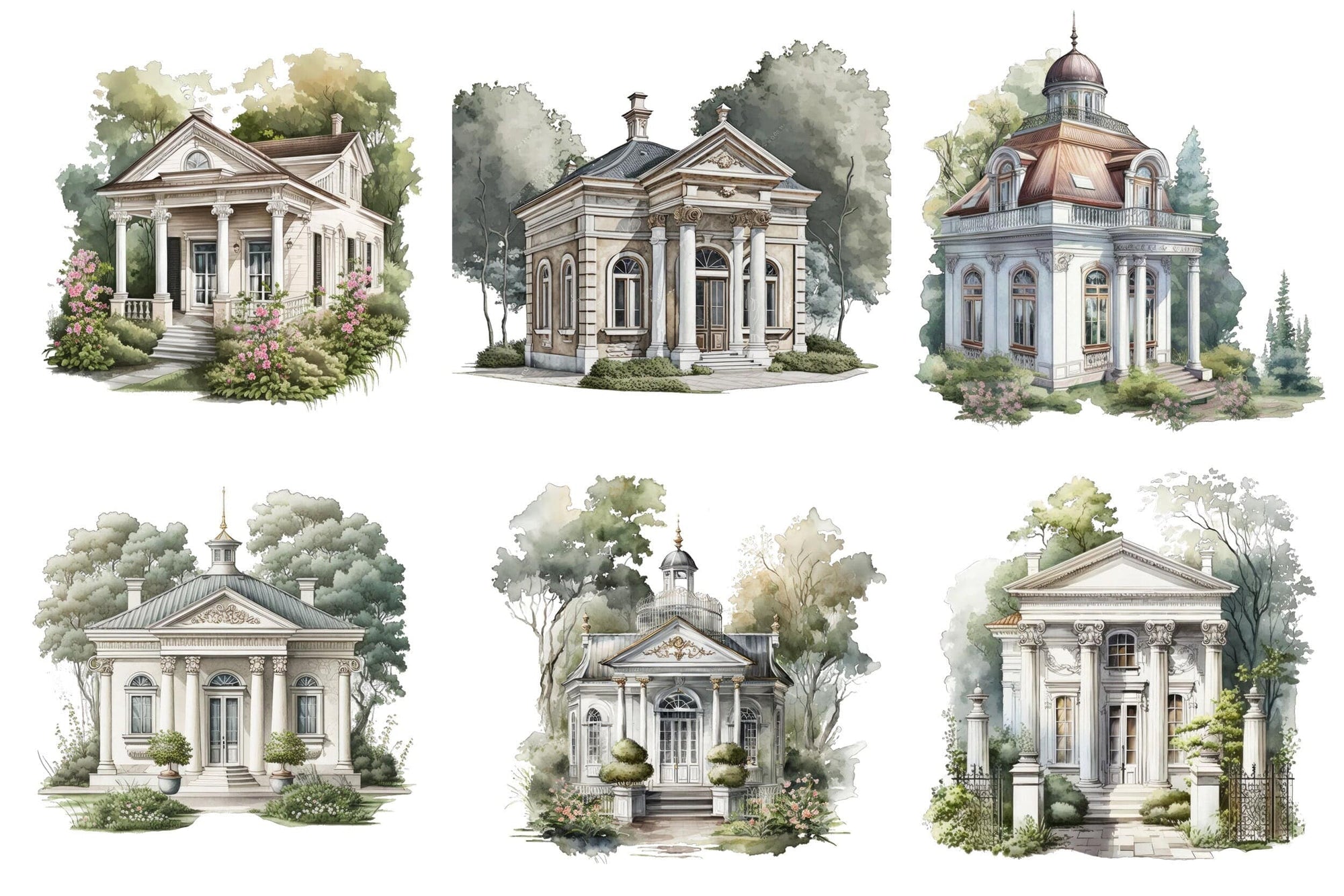 Neoclassical Cottage Houses Clipart Bundle - 63 PNG Transparent Images