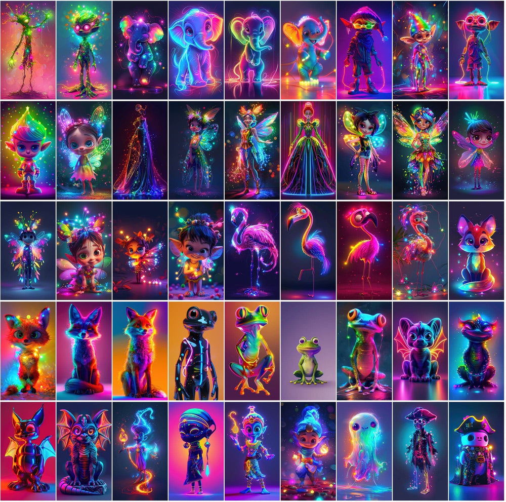 Neon Characters and Animals Collection - 400 Colorful JPG Images with