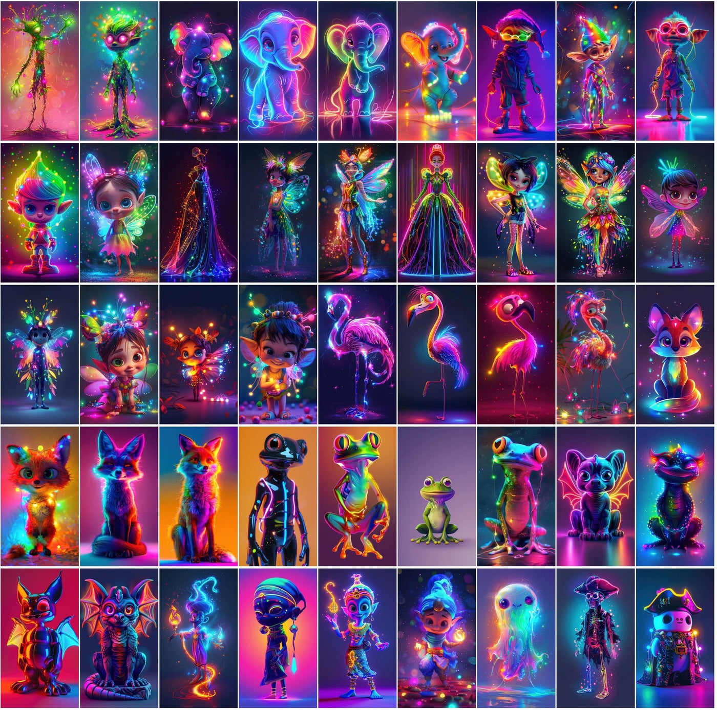 Neon Characters and Animals Collection - 400 Colorful JPG Images with