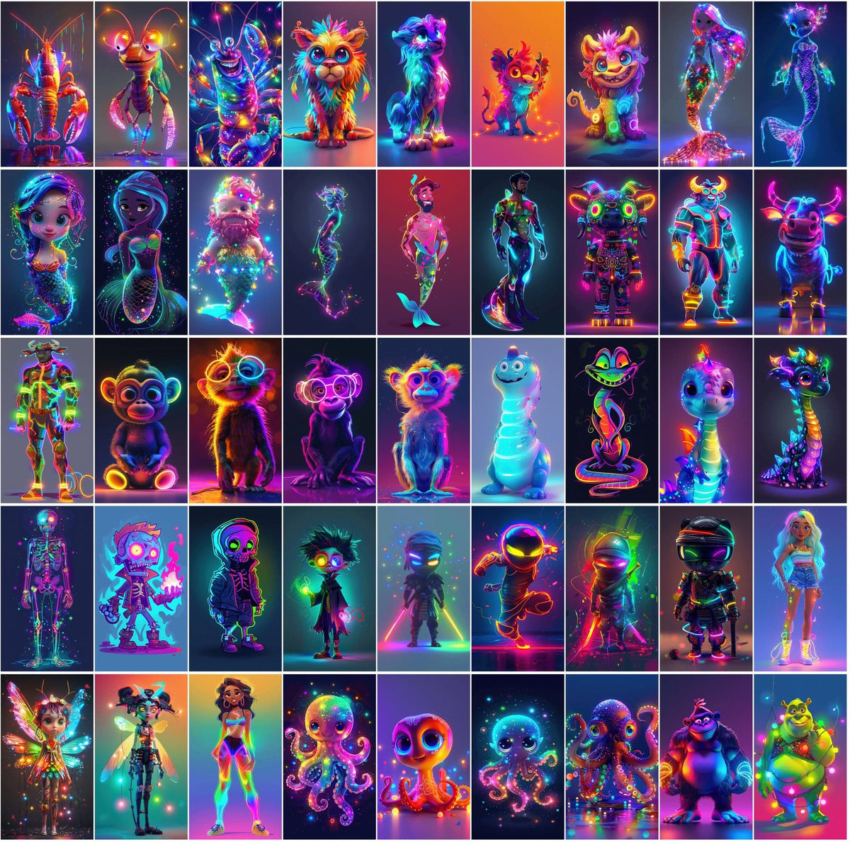 Neon Characters and Animals Collection - 400 Colorful JPG Images with