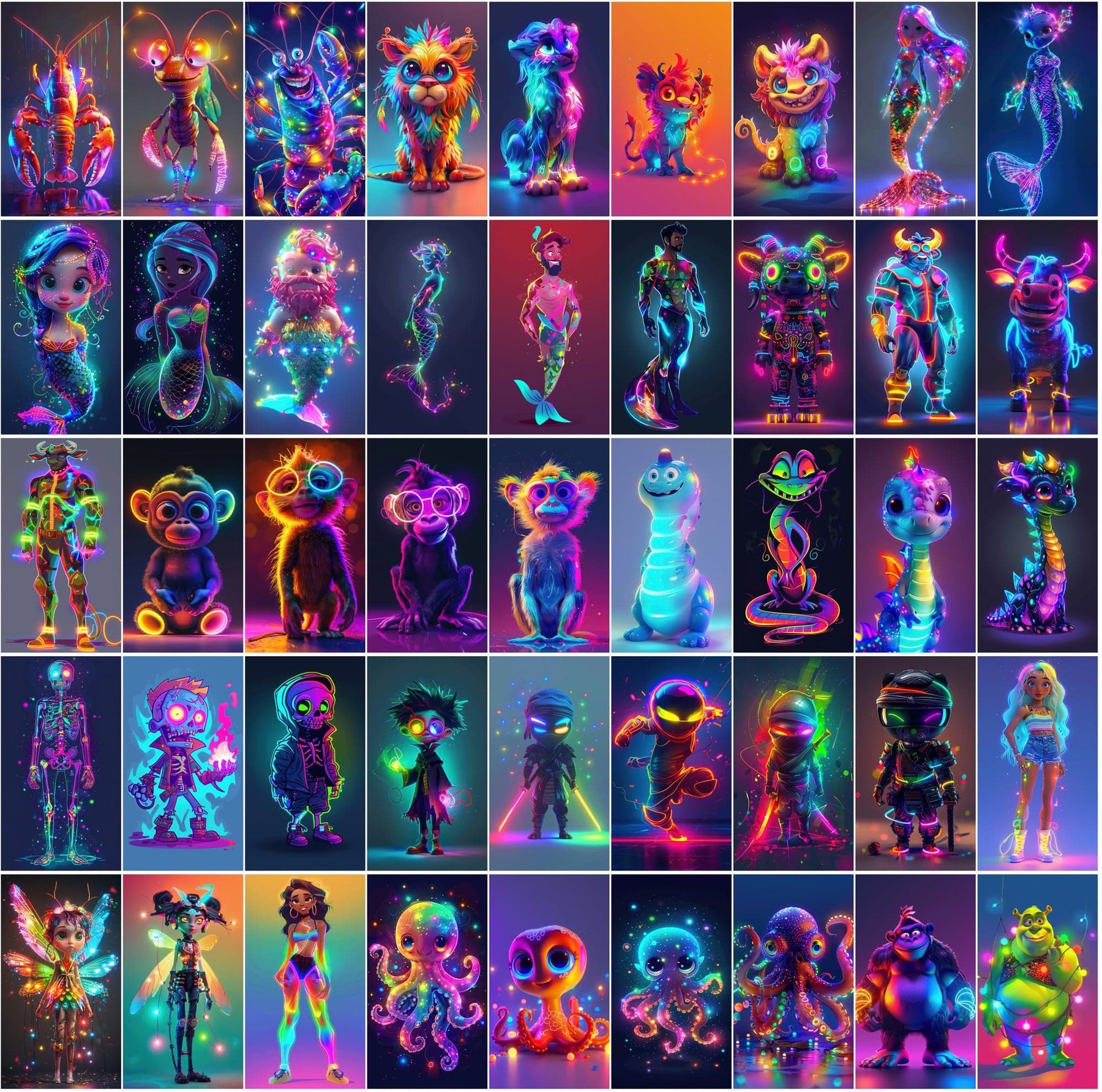 Neon Characters and Animals Collection - 400 Colorful JPG Images with
