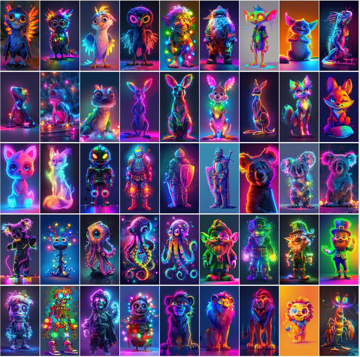 Neon Characters and Animals Collection - 400 Colorful JPG Images with
