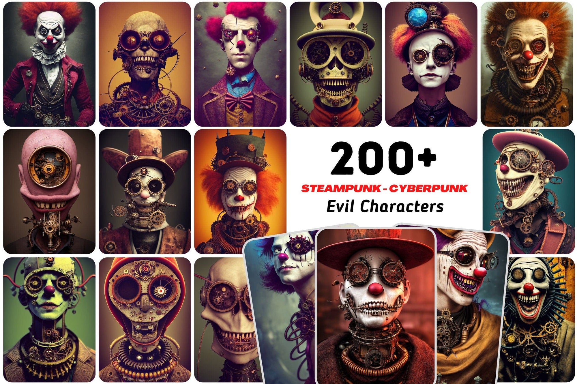 Printable wall art: 200+ Steampunk characters with evil clowns and sku
