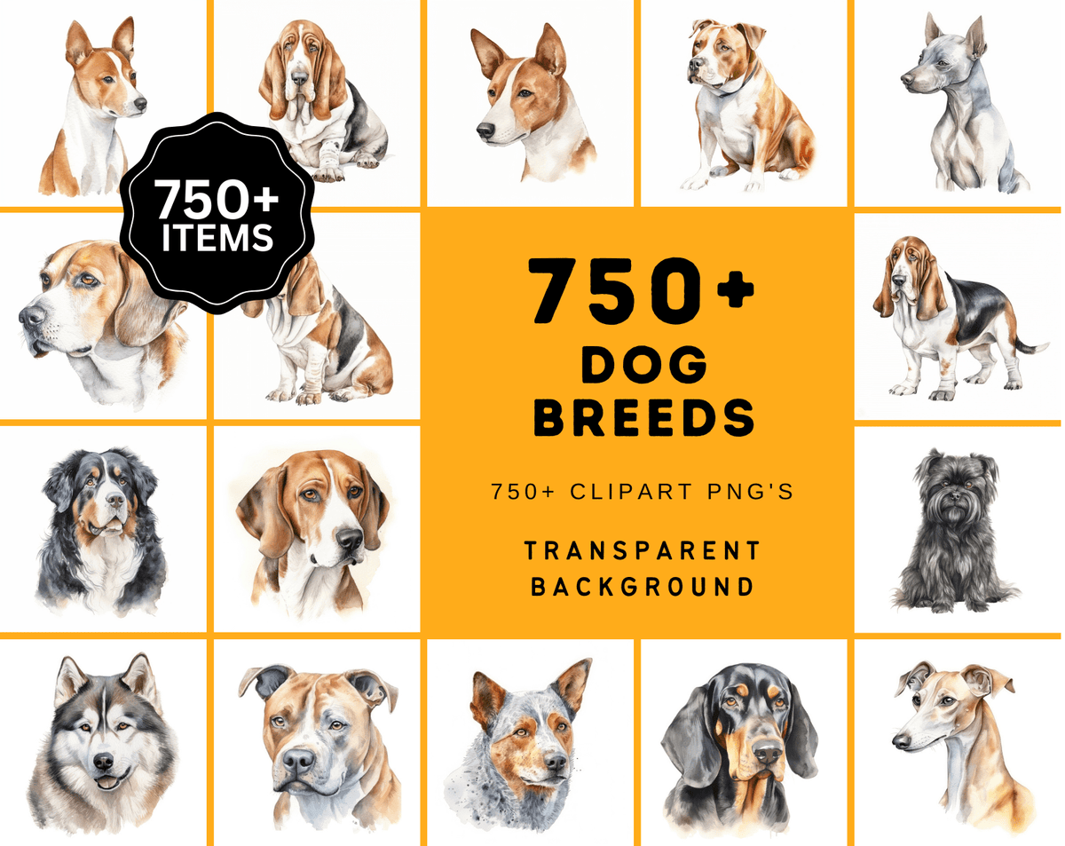 Ultimate Dog Breed Bundle: 750 High-Quality Transparent PNG Watercolor