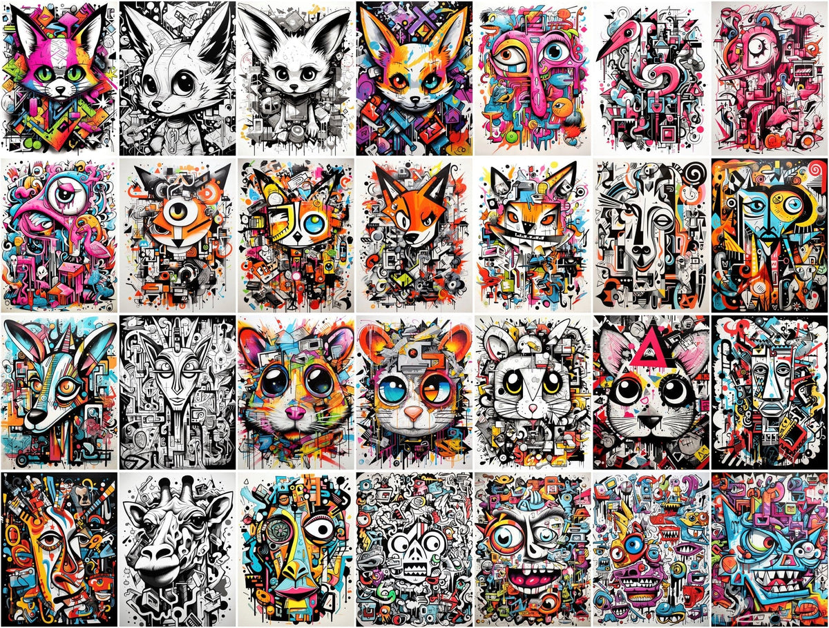 Unique Graffiti Doodle Animal Prints: High-Resolution Images for Comme