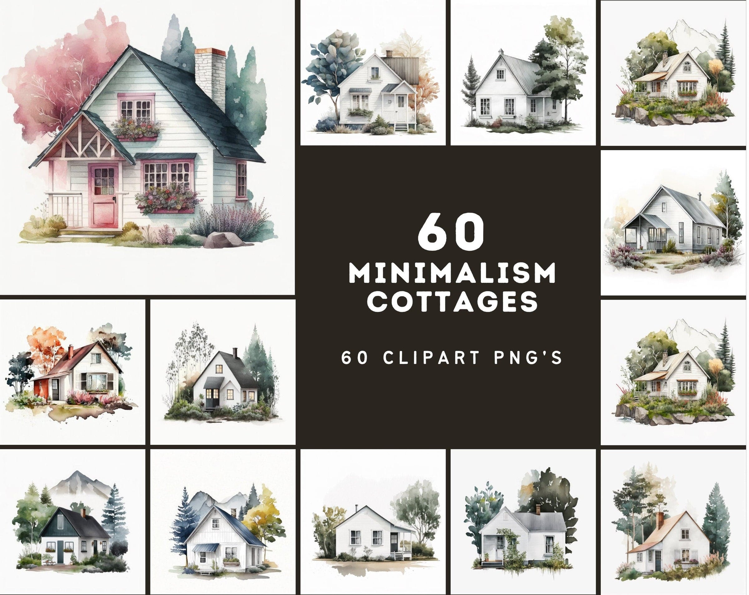 Watercolor Cottage Bundle: 60 Minimalist Cottage Images for Rustic Hom