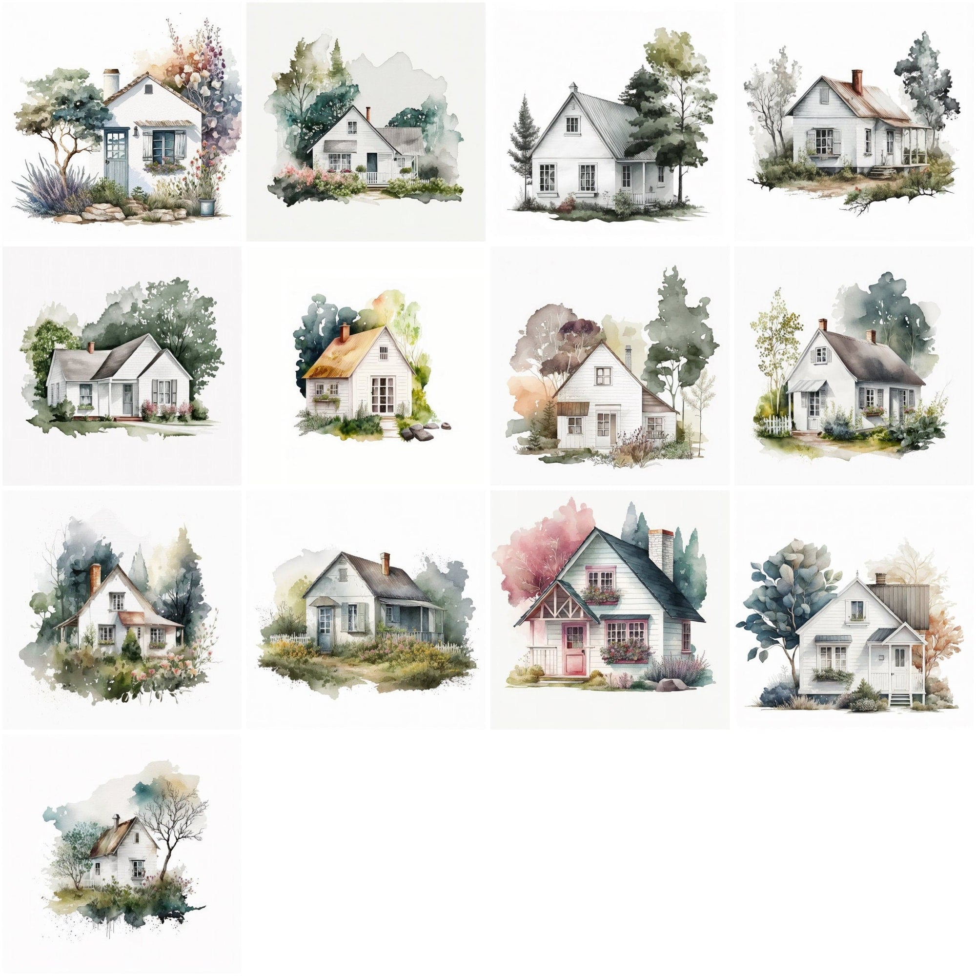 Watercolor Cottage Bundle: 60 Minimalist Cottage Images for Rustic Hom