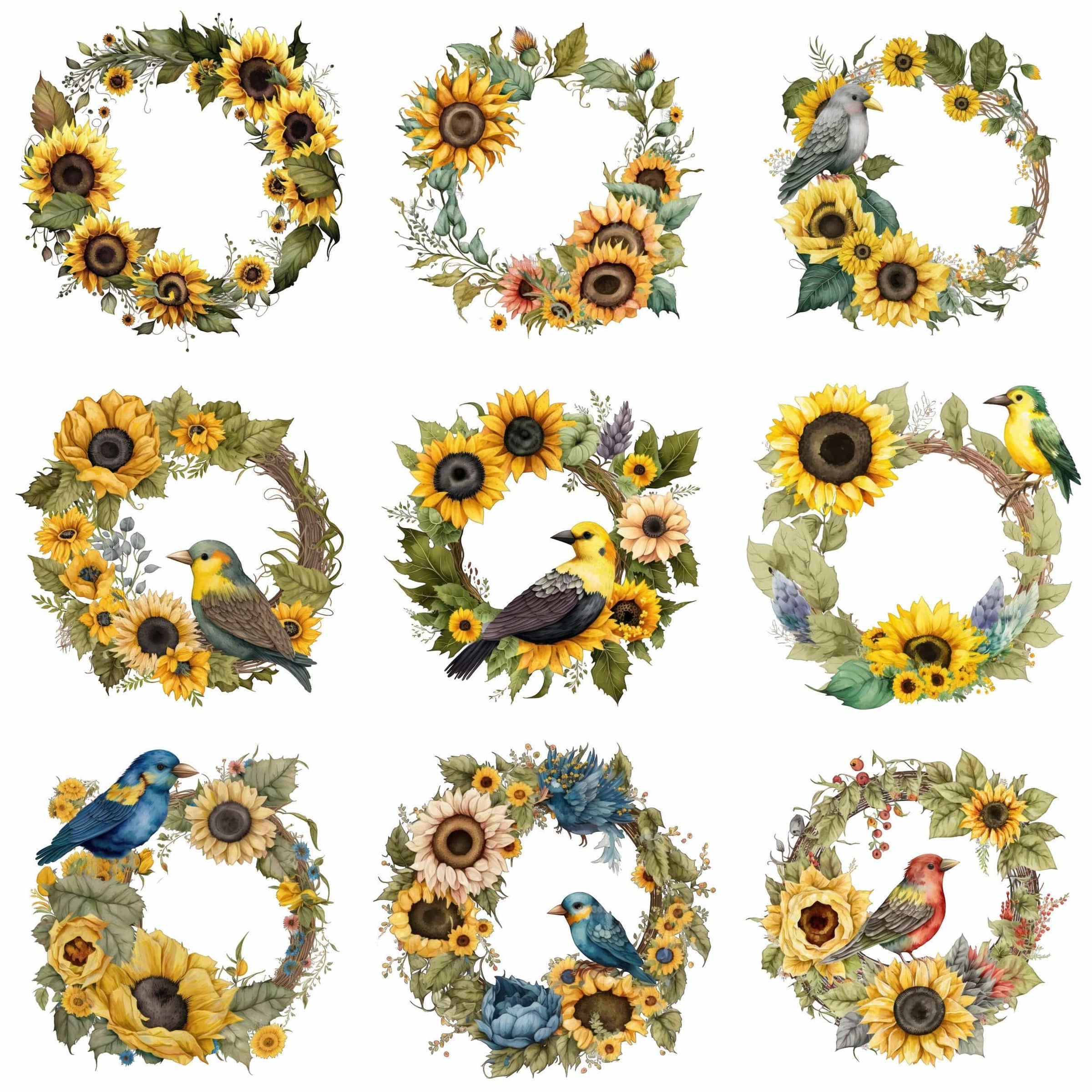 Watercolor Sunflowers and Wreaths Clipart Bundle, DIY Design Elements